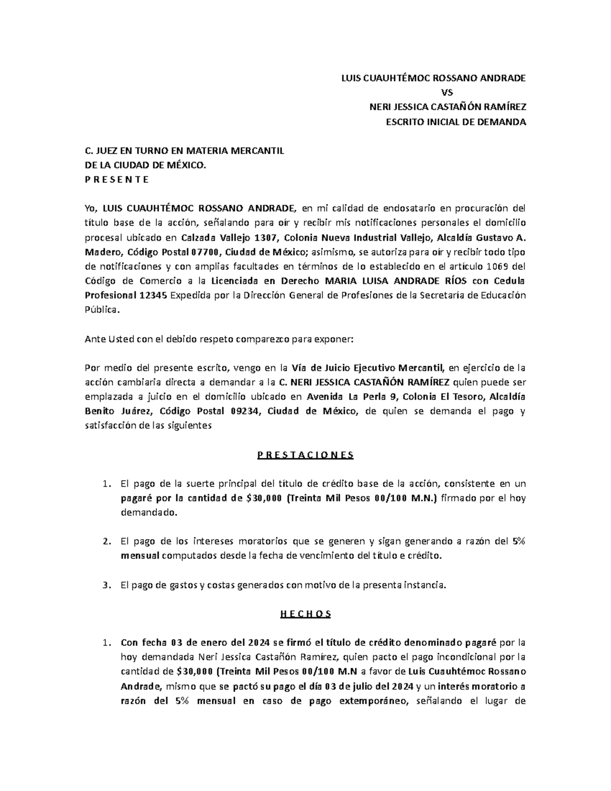 Demanda de mercantil - LUIS CUAUHTÉMOC ROSSANO ANDRADE VS NERI JESSICA ...