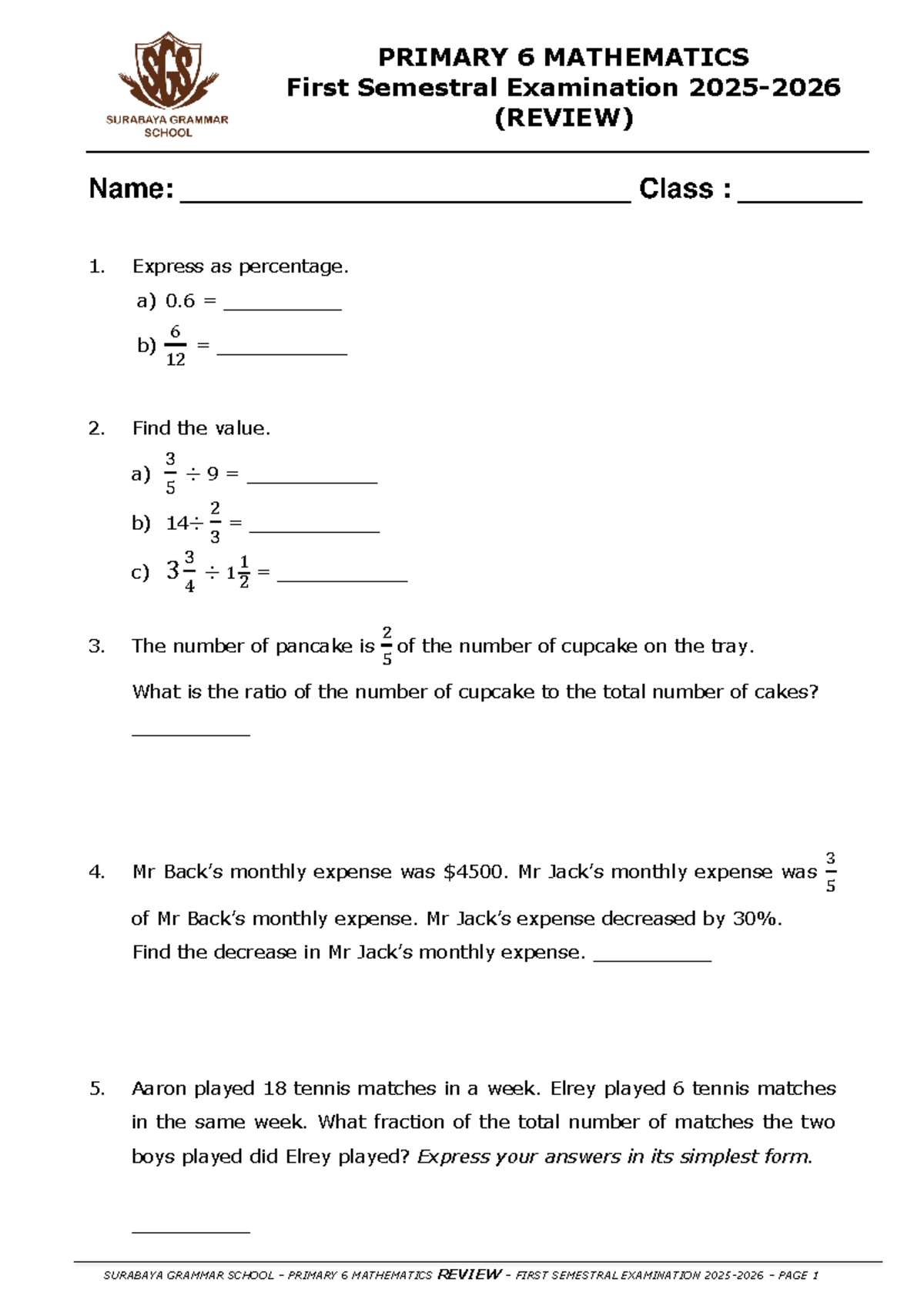 P6 Mathematics First Semestral Exam Review 2025-2026 - Studocu