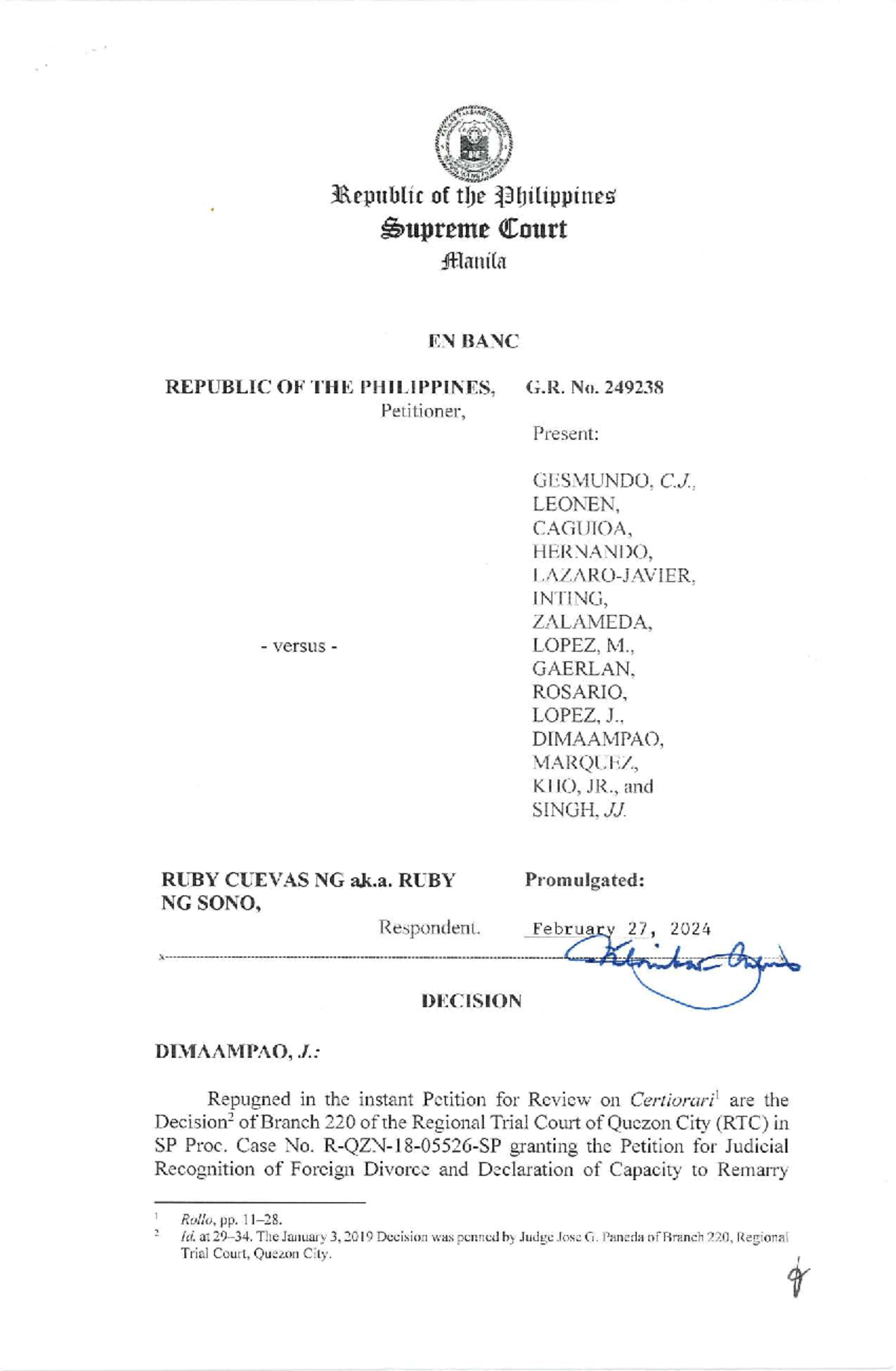 G.R. No. 249238 - Supreme Court Decision on Judicial Recognition of ...