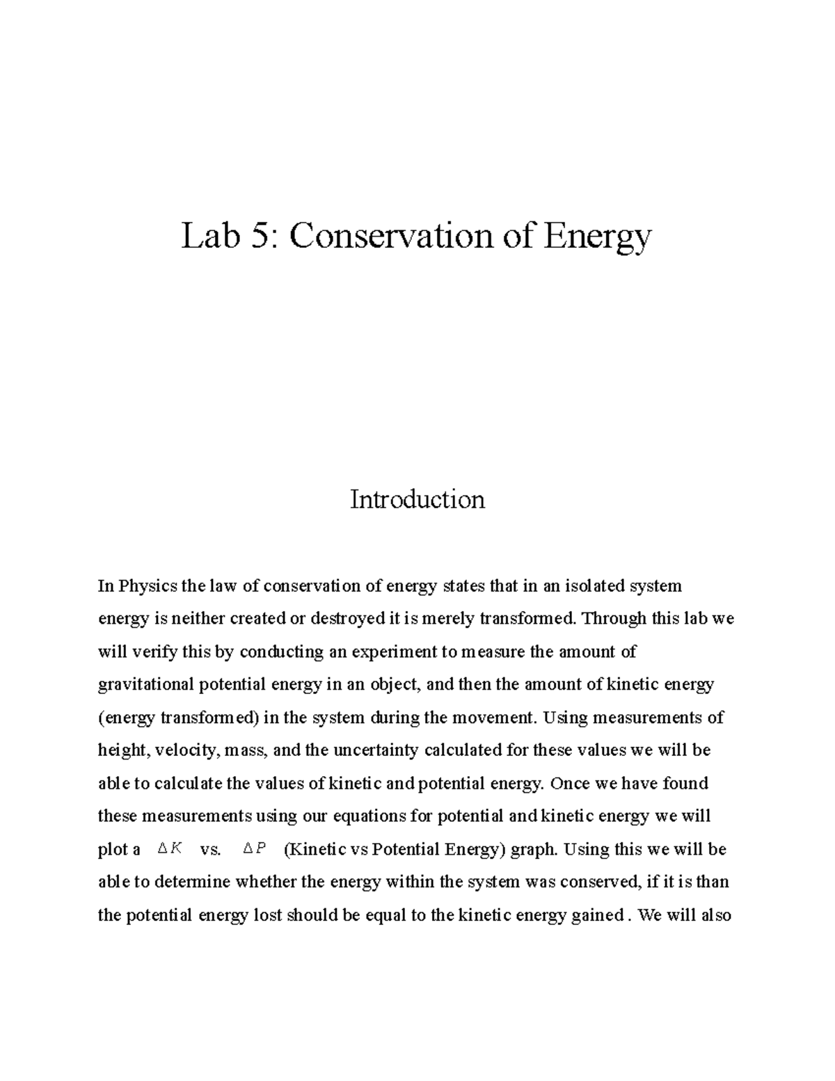 Lab 5 - conservation of energy - Lab 5: Conservation of Energy ...