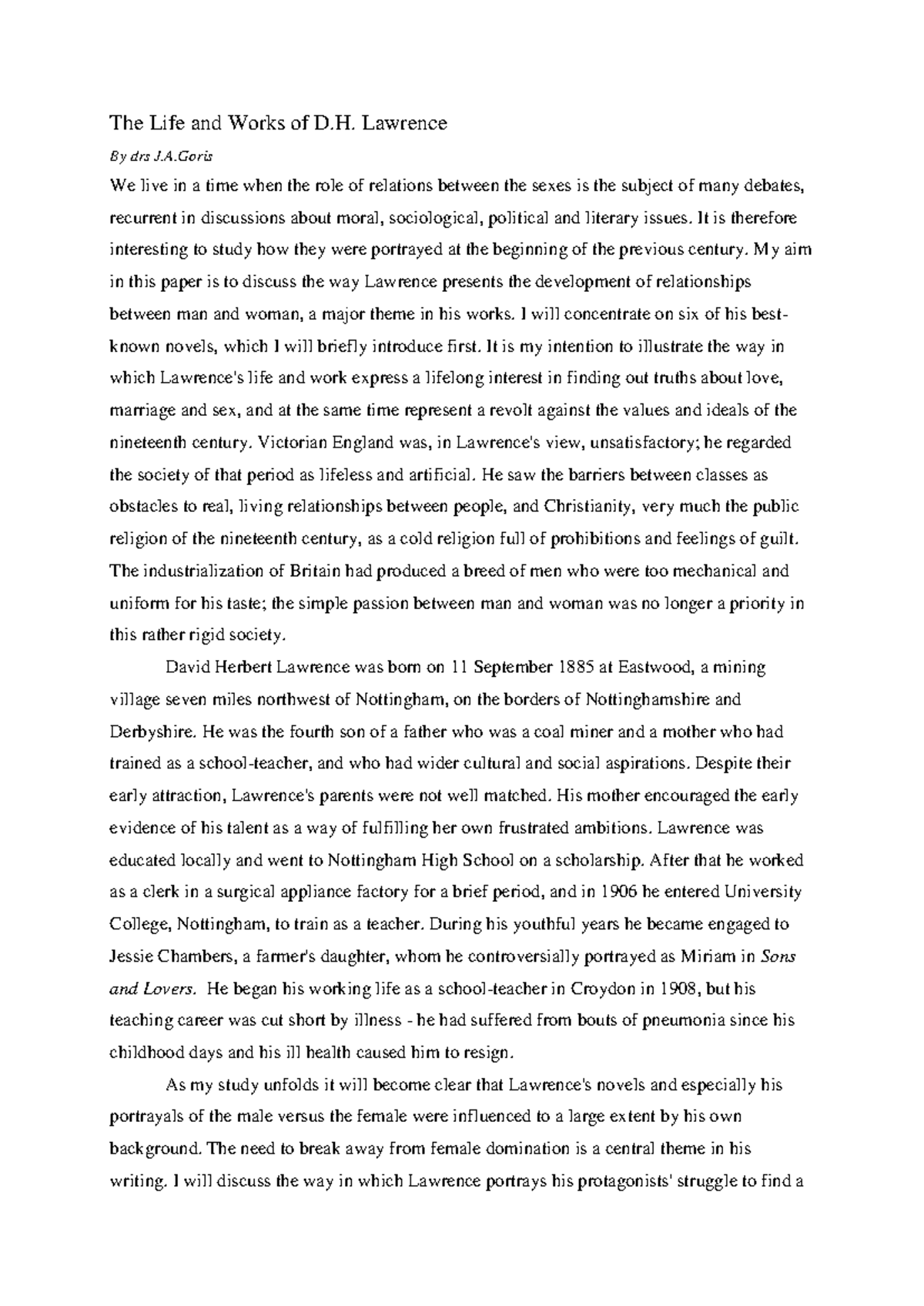 DH Lawrence biography - The Life and Works of D. Lawrence By drs J.A We ...