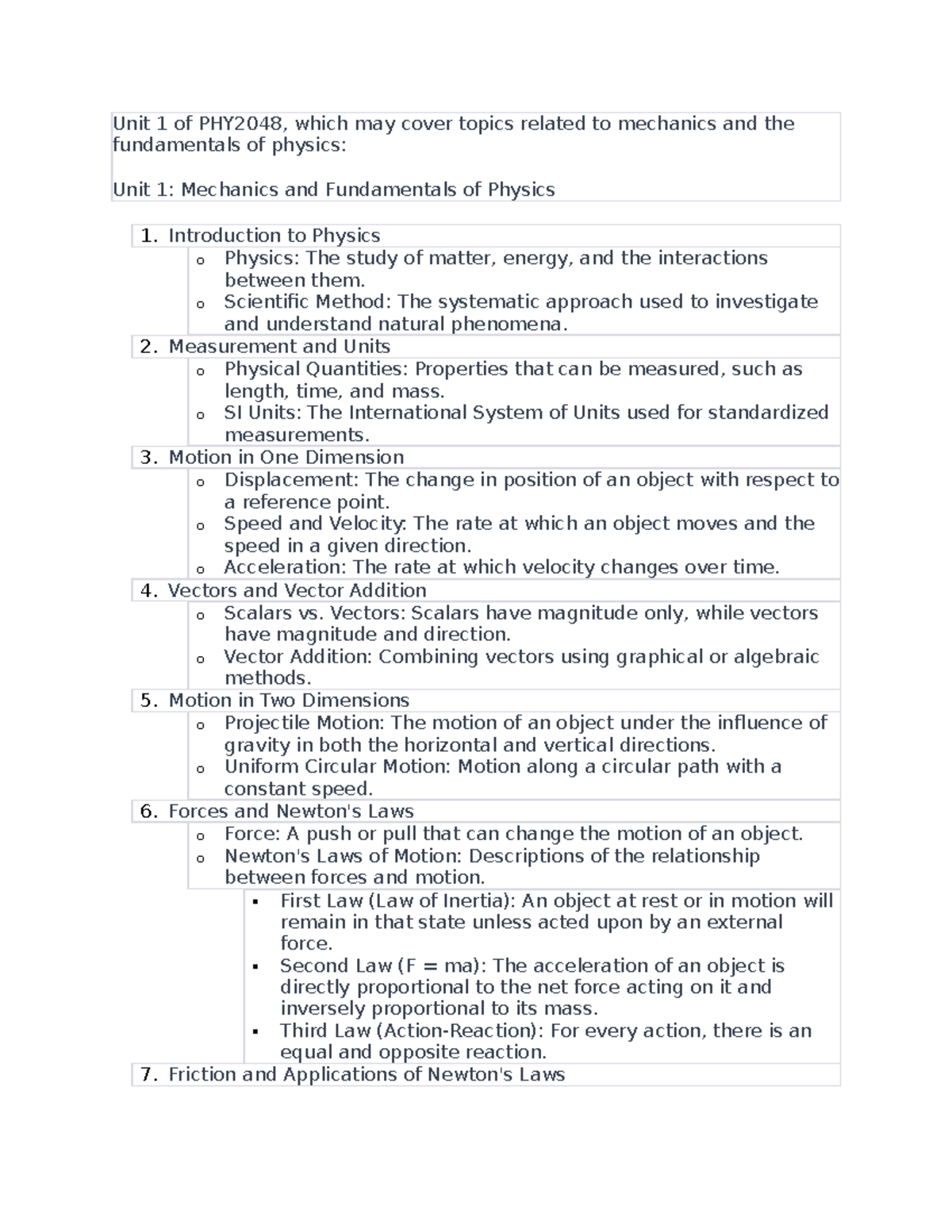 PHY2048 Unit 1: Mechanics & Fundamentals of Physics Overview - Studocu