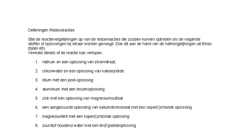 Oefeningen Redoxreacties VWO - Opstellen van Reactievergelijkingen ...