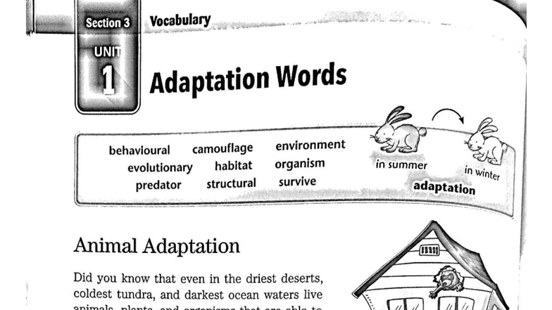 Section 3 Vocabulary UNI 1: Adaptation Words & Definitions - Studocu