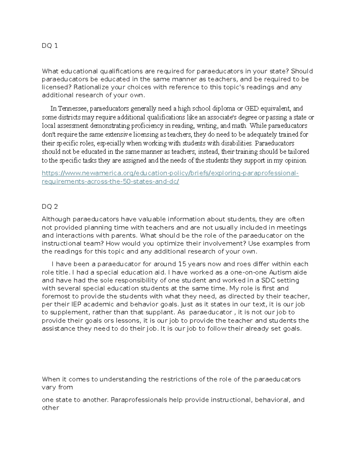 DQ 1&2: Educational Qualifications & Roles of Paraeducators in SPD 310 ...
