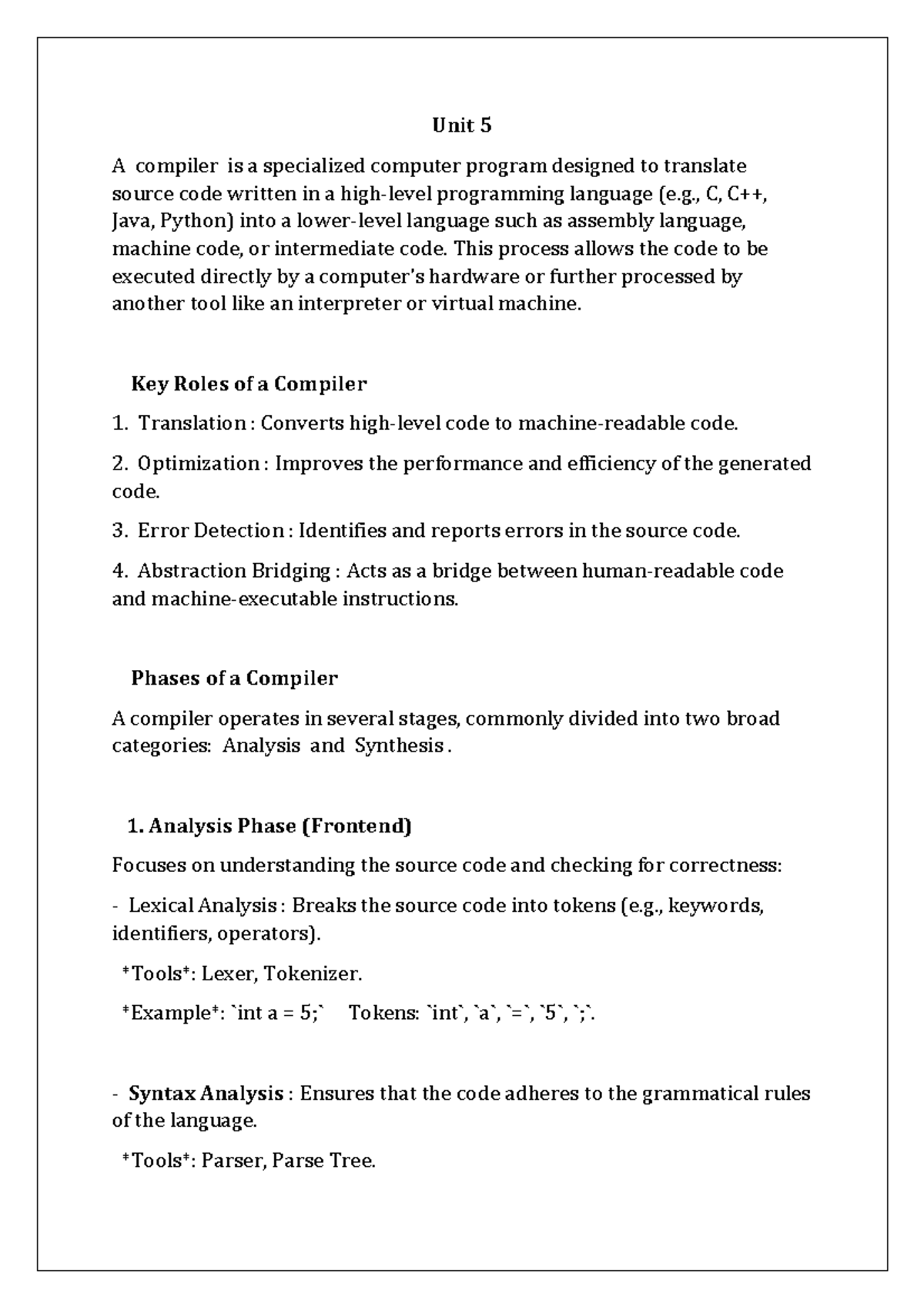Unit 5 Compiler Design Notes: Phases, Roles, and Parsing Techniques ...