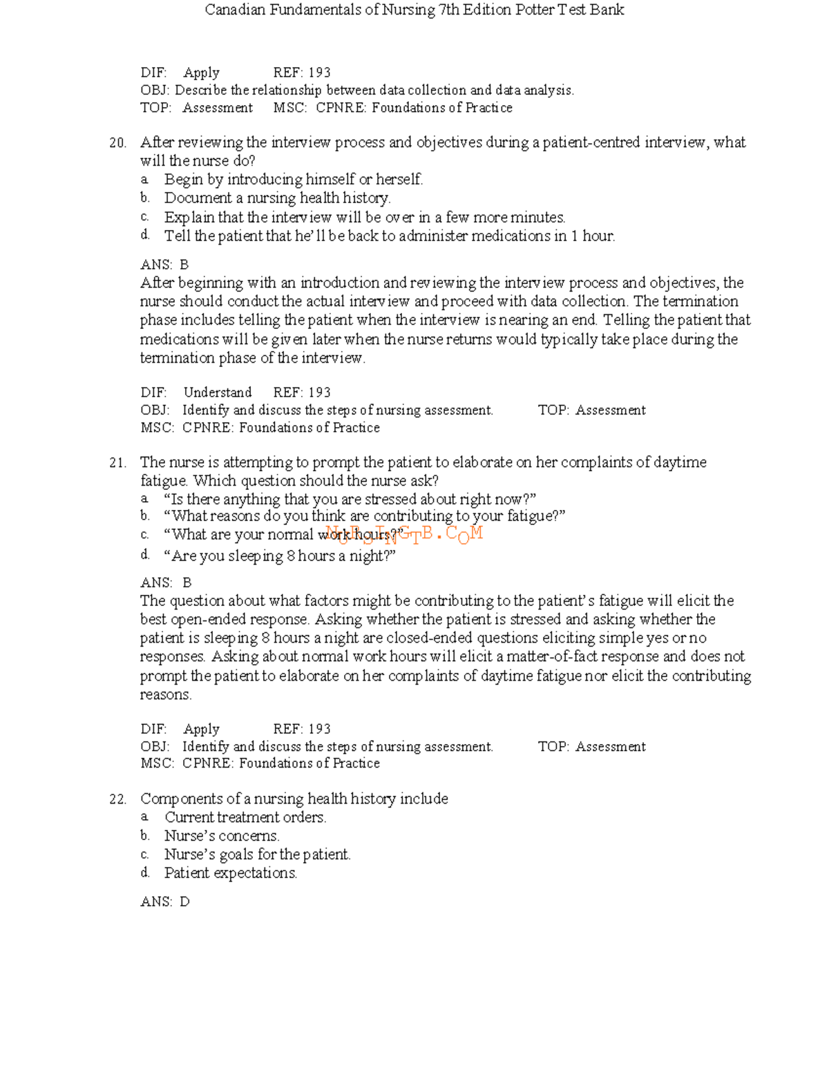 CPNRE: Test Bank for Canadian Fundamentals of Nursing 7th Ed. - Studocu
