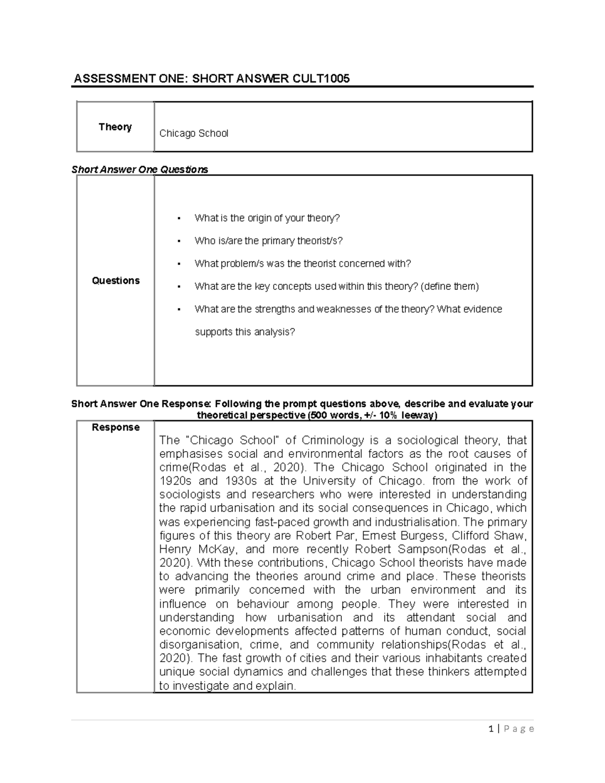 Short Answer Assessment on Chicago School - CULT1005 - Studocu