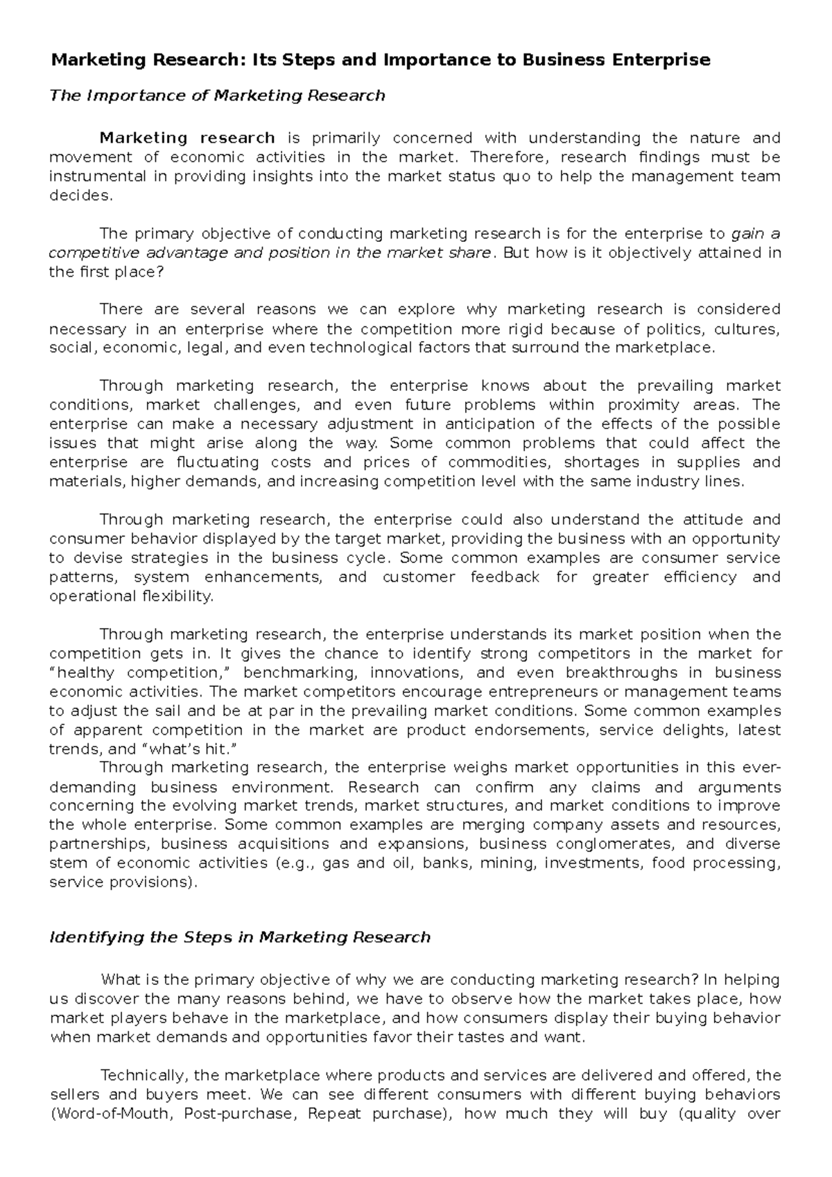 Marketing Research Its Steps and Importance to Business Enterprise ...