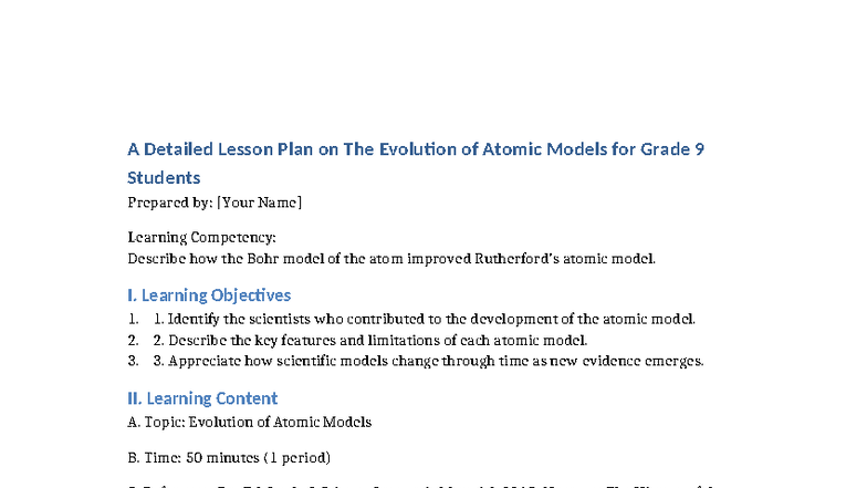 Detailed Lesson Plan: Evolution of Atomic Models for Grade 9 - Studocu