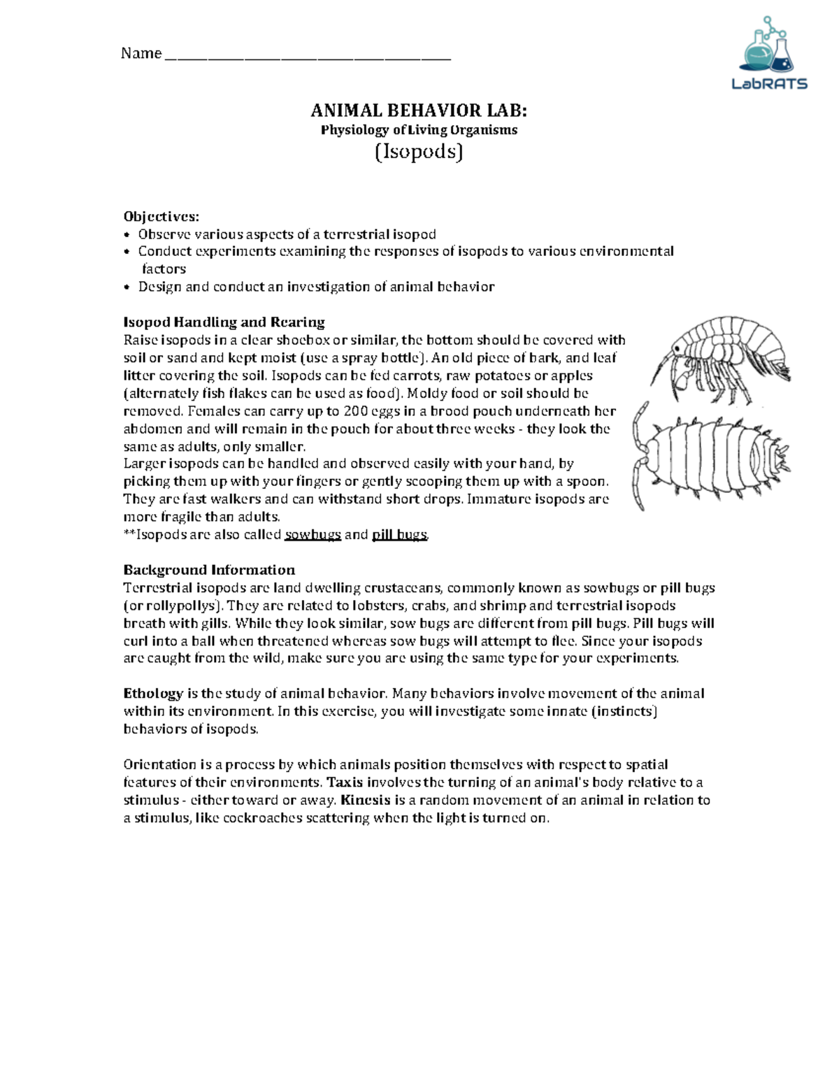 Animal Behavior Lab: Isopod Orientation Experiment - Studocu