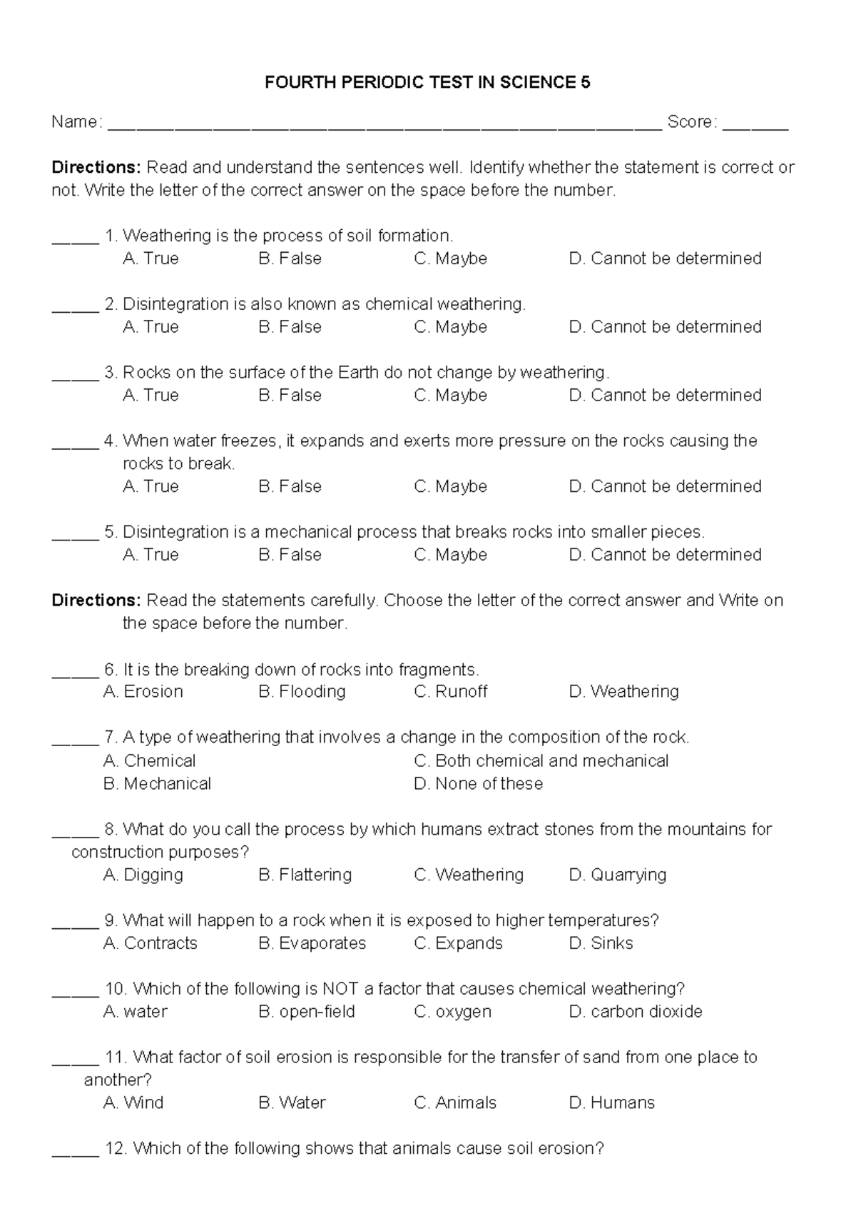 Grade 5 Q4 Science Periodical Test with TOS & Answer Key - Studocu