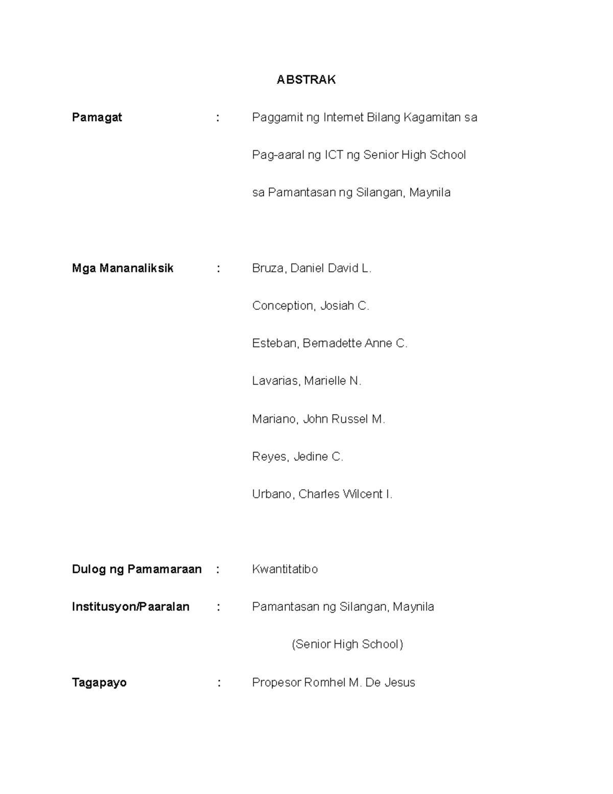 An example of an abstract in research - ABSTRAK Pamagat : Paggamit ng ...