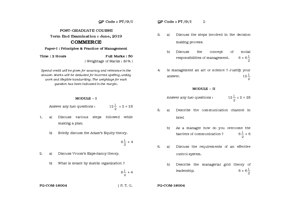 Principles of Management: Term End Exam QP Code 3 - June 2019 - Studocu