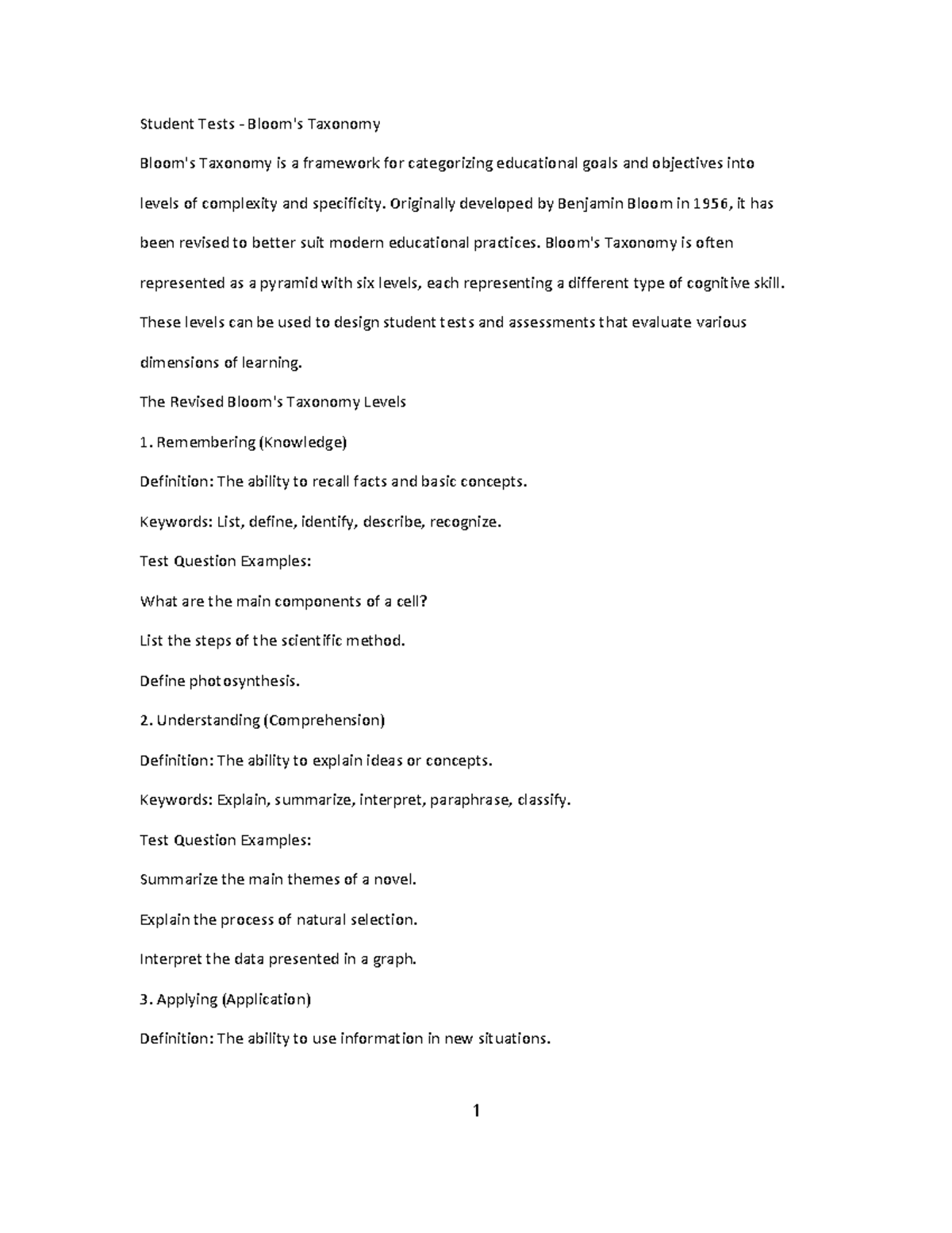 Bloom's Taxonomy: Student Test Design Framework (Lecture Notes) - Studocu