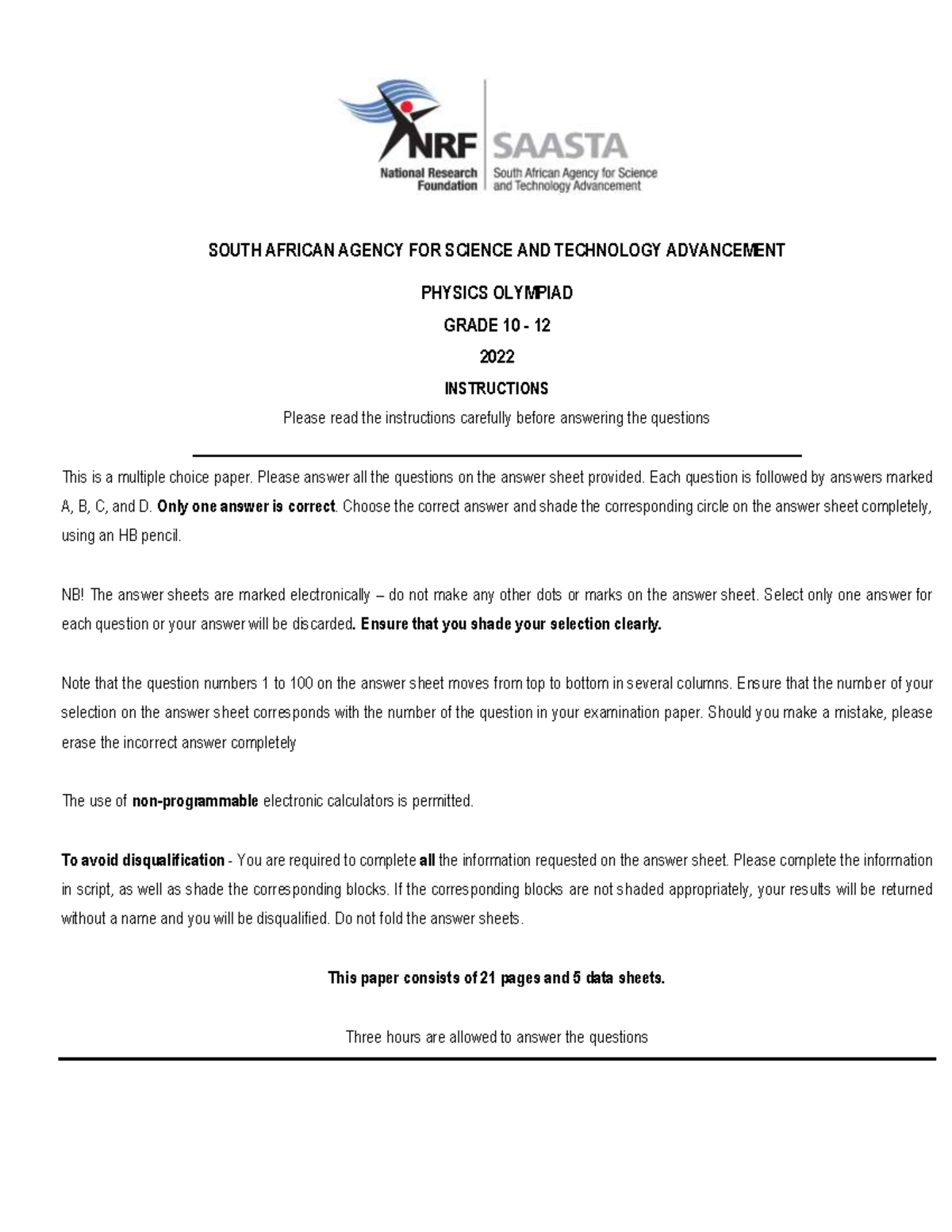 SAASTA PHYSICAL SCIENCE OLYMPIAD 2022 GRADE 10-12 QUESTION PAPER - Studocu