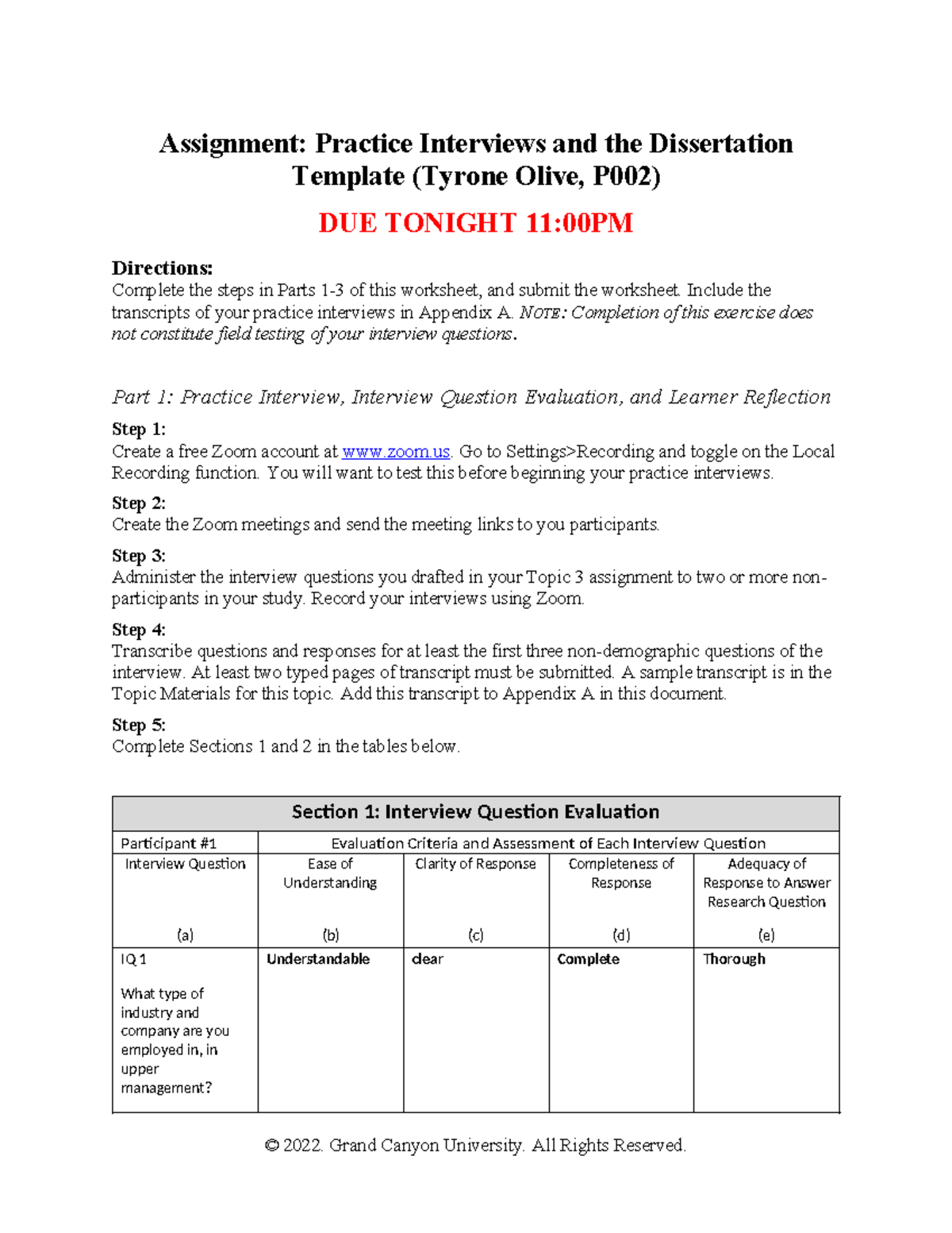 P001 - assignment - Assignment: Practice Interviews and the ...