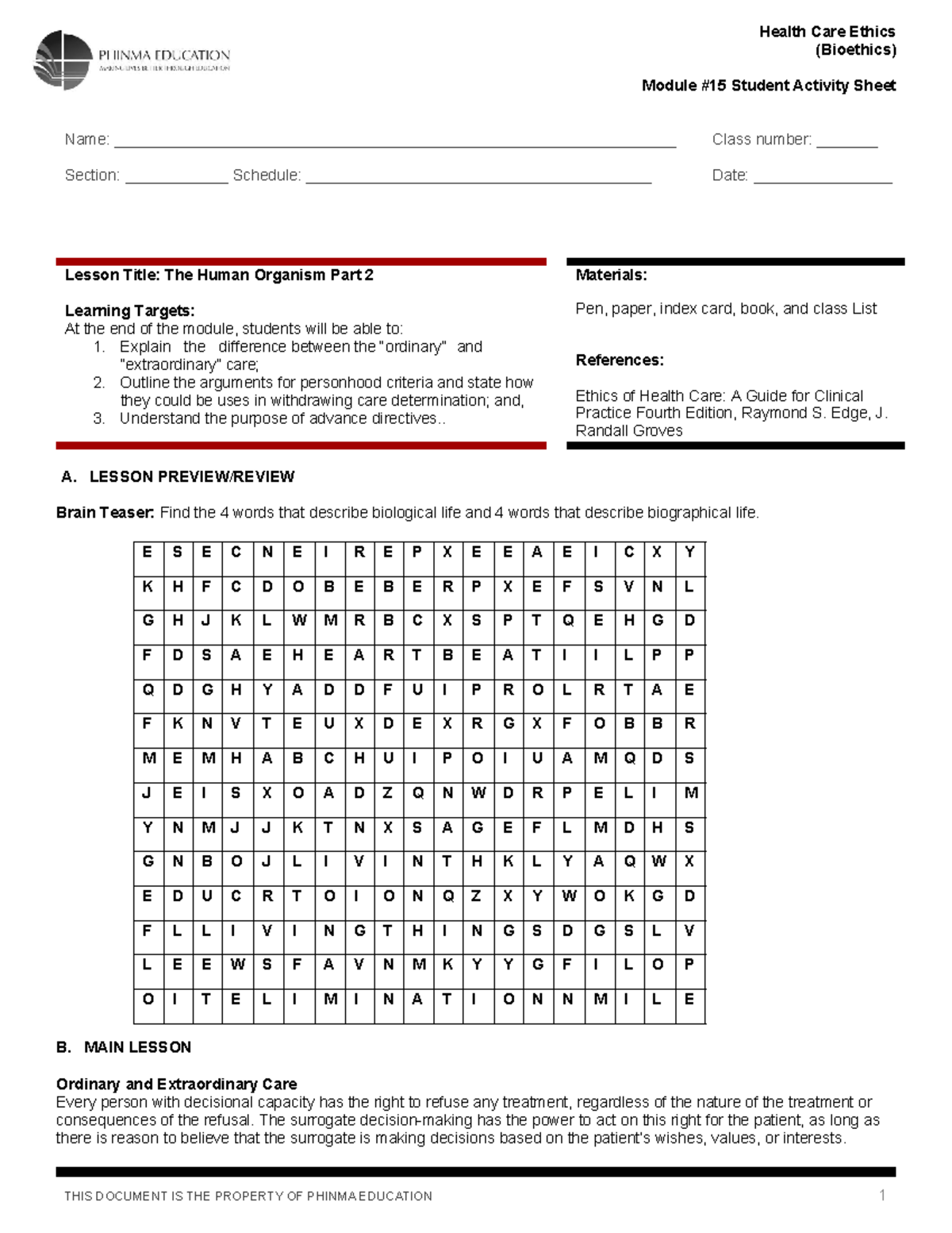 Bioethics Session 15 SAS - (Bioethics) Module #15 Student Activity ...