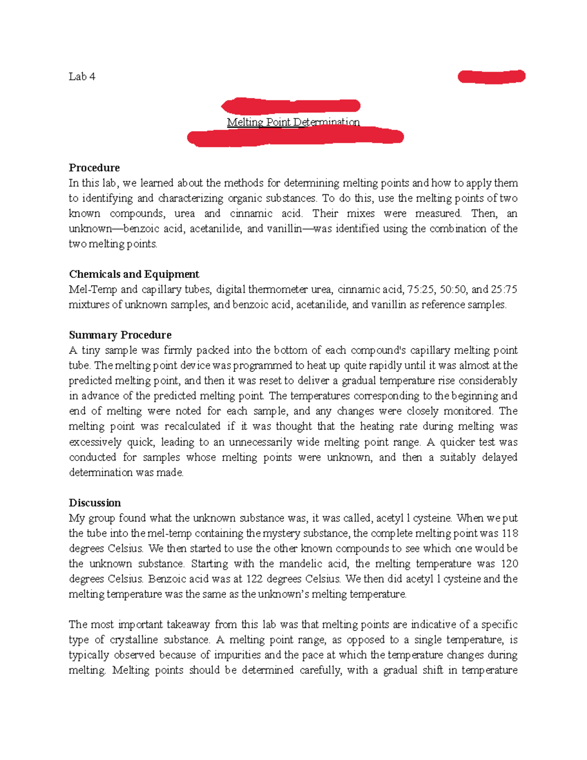 Melting Point Determination Lab Report - CHEM 121 - Lab 4 - Studocu