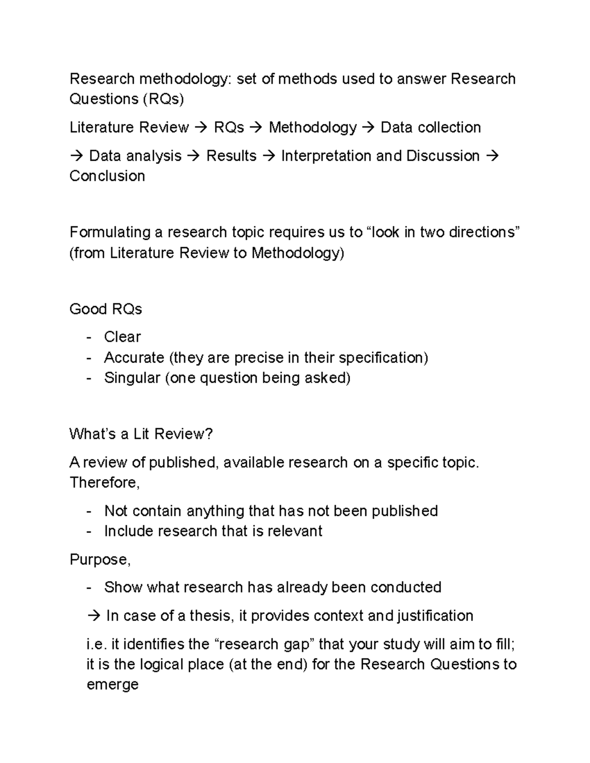 Research Methodology: Literature Review & RQs Overview - Studocu