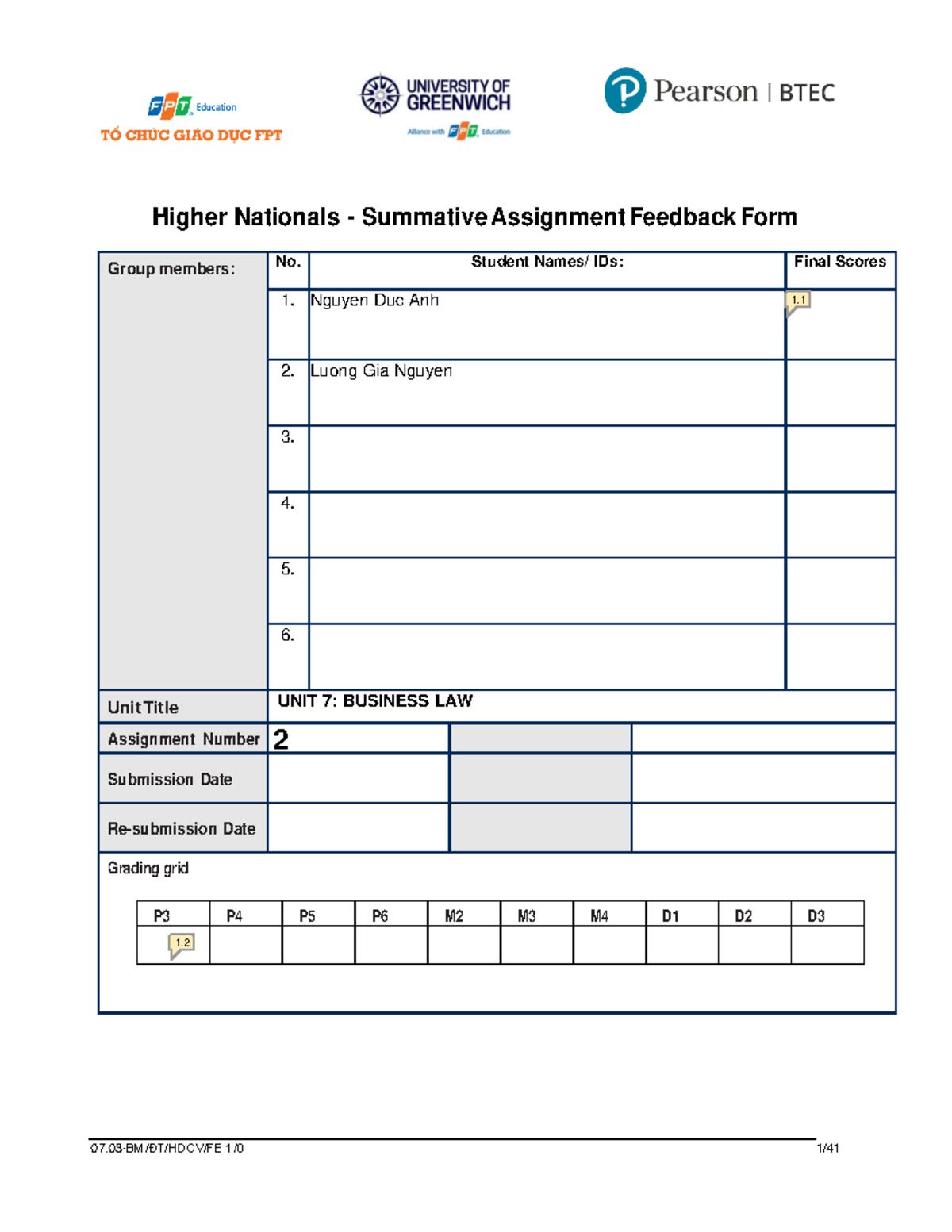Nguyen Duc Anh (FGW HN) 639056 0 - Higher Nationals - Summative Assignment Feedback Form Group ...