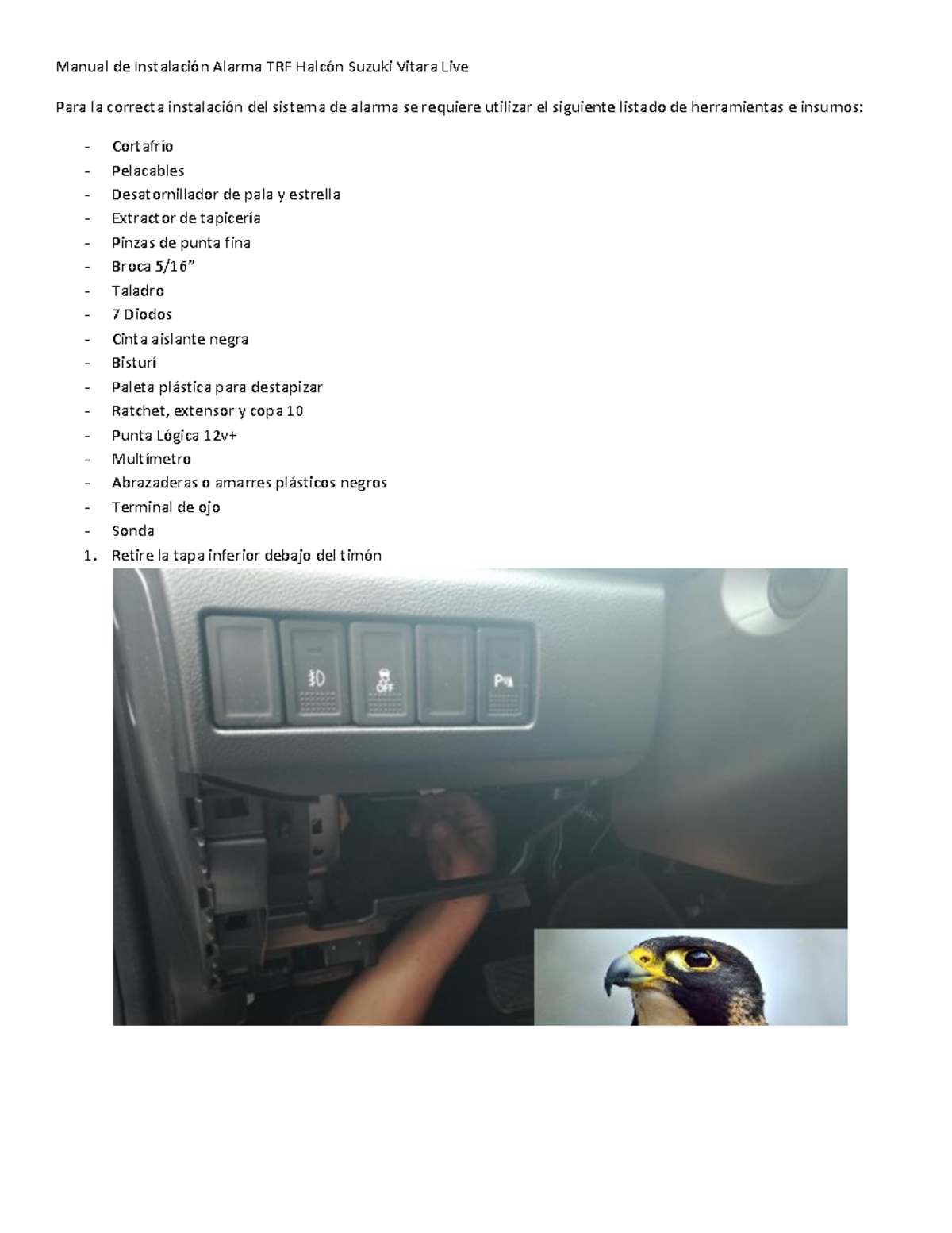 Guía de Instalación de Alarma TRF Halcón para Suzuki Vitara Live - Studocu