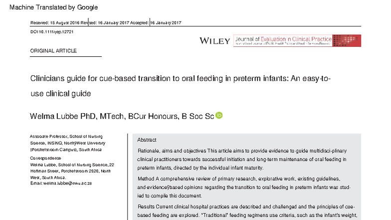 Clinicians Guide to Cue-Based Oral Feeding in Preterm Infants (NURS 101 ...