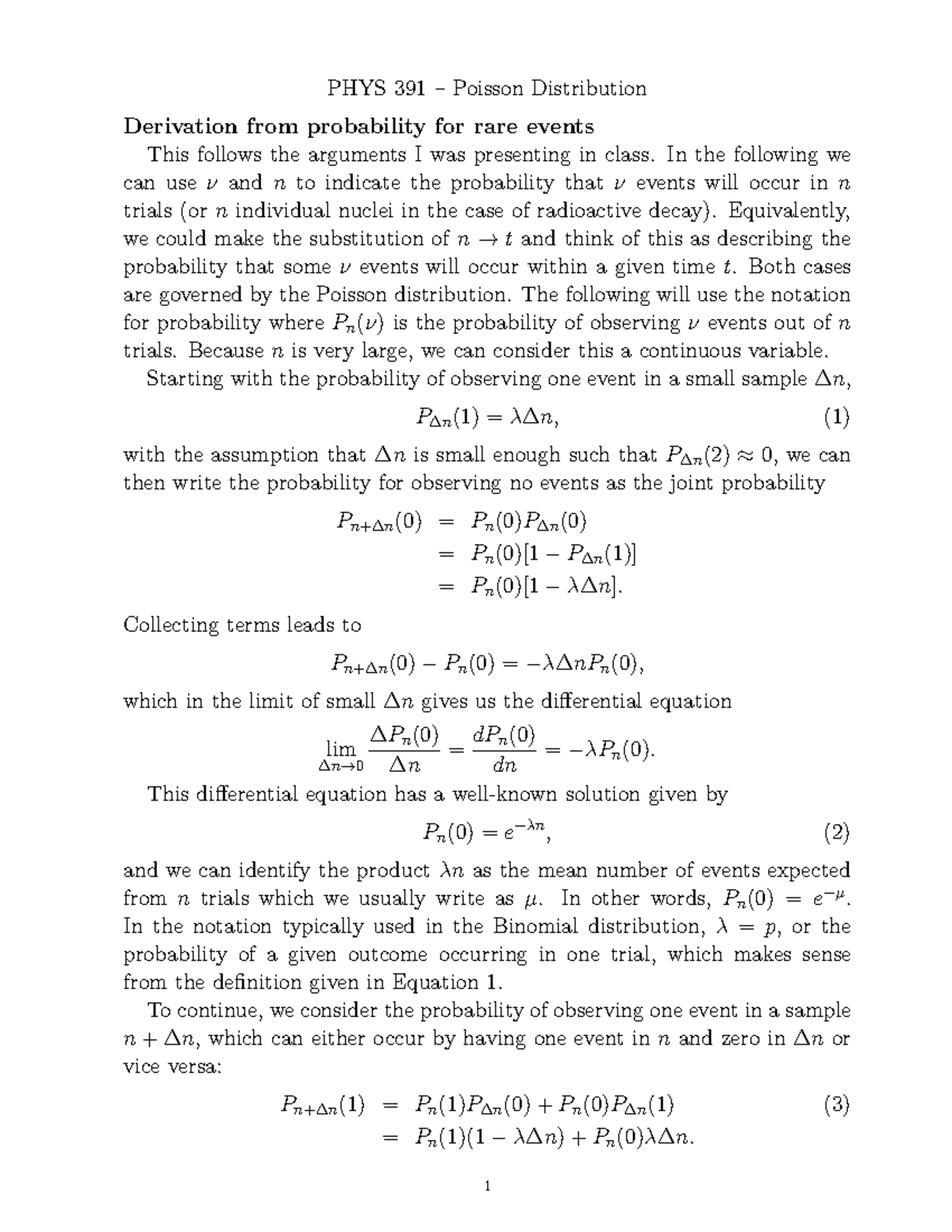 Poisson derivation - Give me pdf - PHYS 391 – Poisson Distribution ...