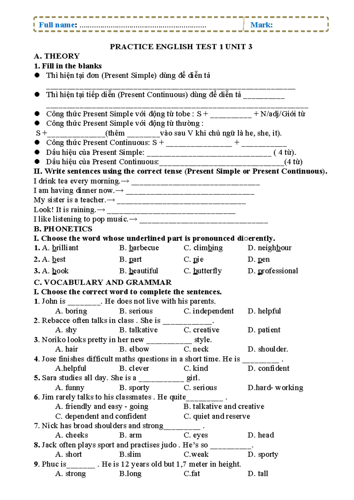 Practice Test - Unit 3: Present Simple & Continuous - Studocu