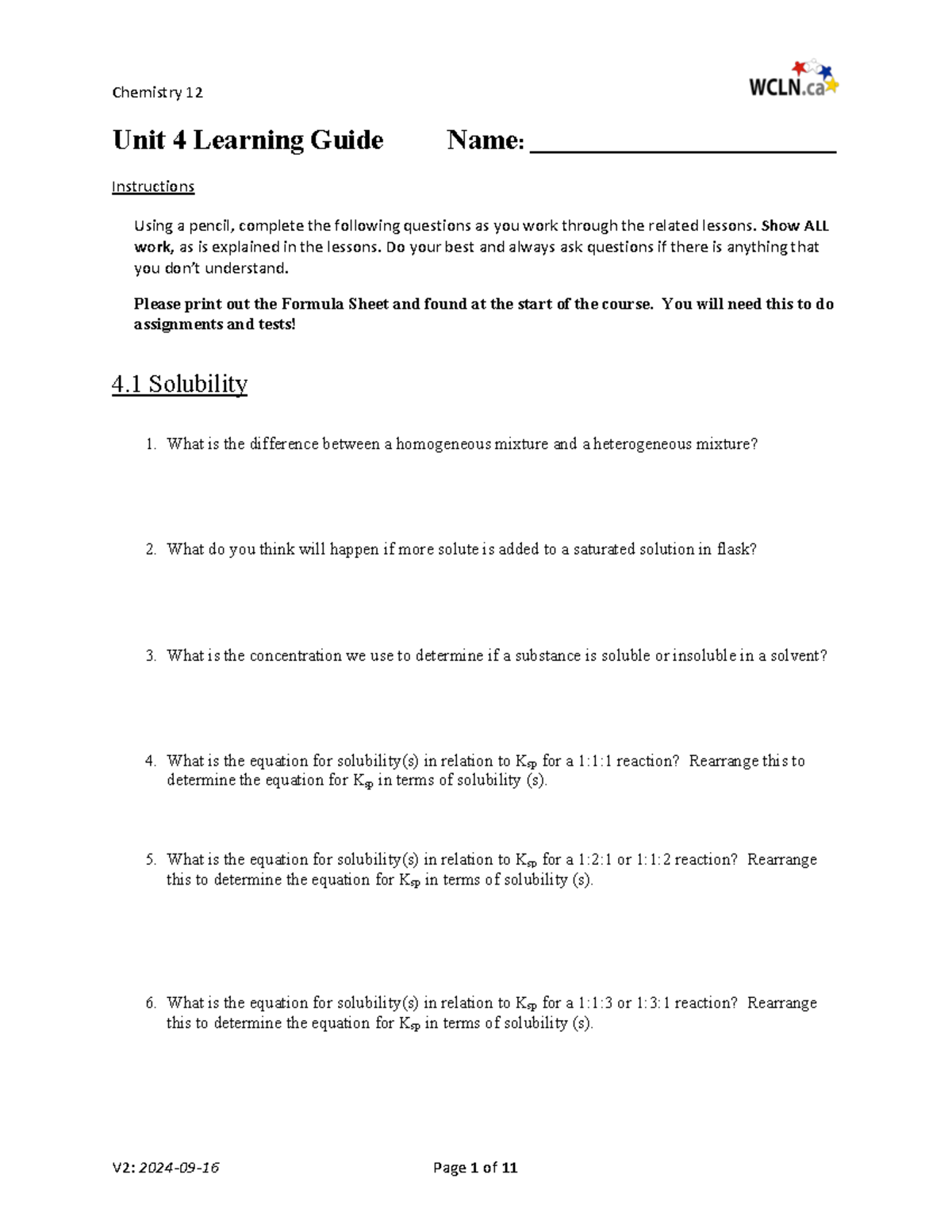 CHEM 12 - UNIT 4 - answer key - Unit 4 Learning Guide Name