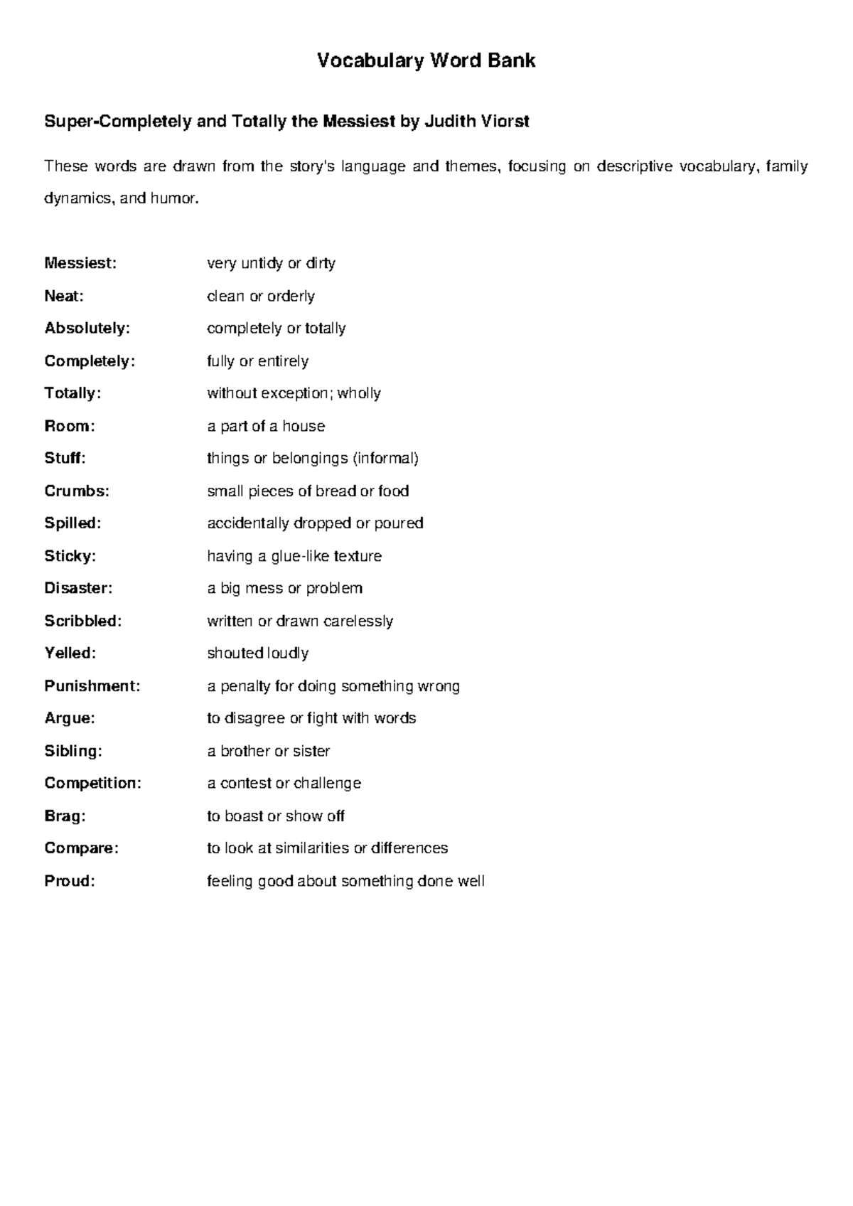 Super Vocabulary Word Bank: Descriptive Terms from Judith Viorst - Studocu