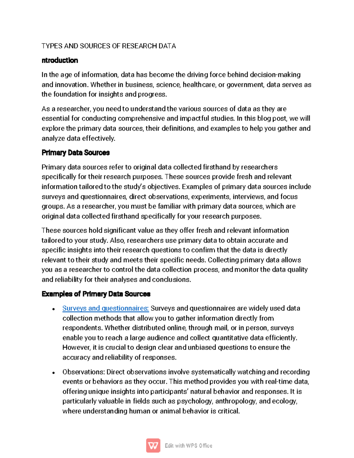 TYPES AND SOURCES OF RESEARCH DATA: A Comprehensive Guide - Studocu