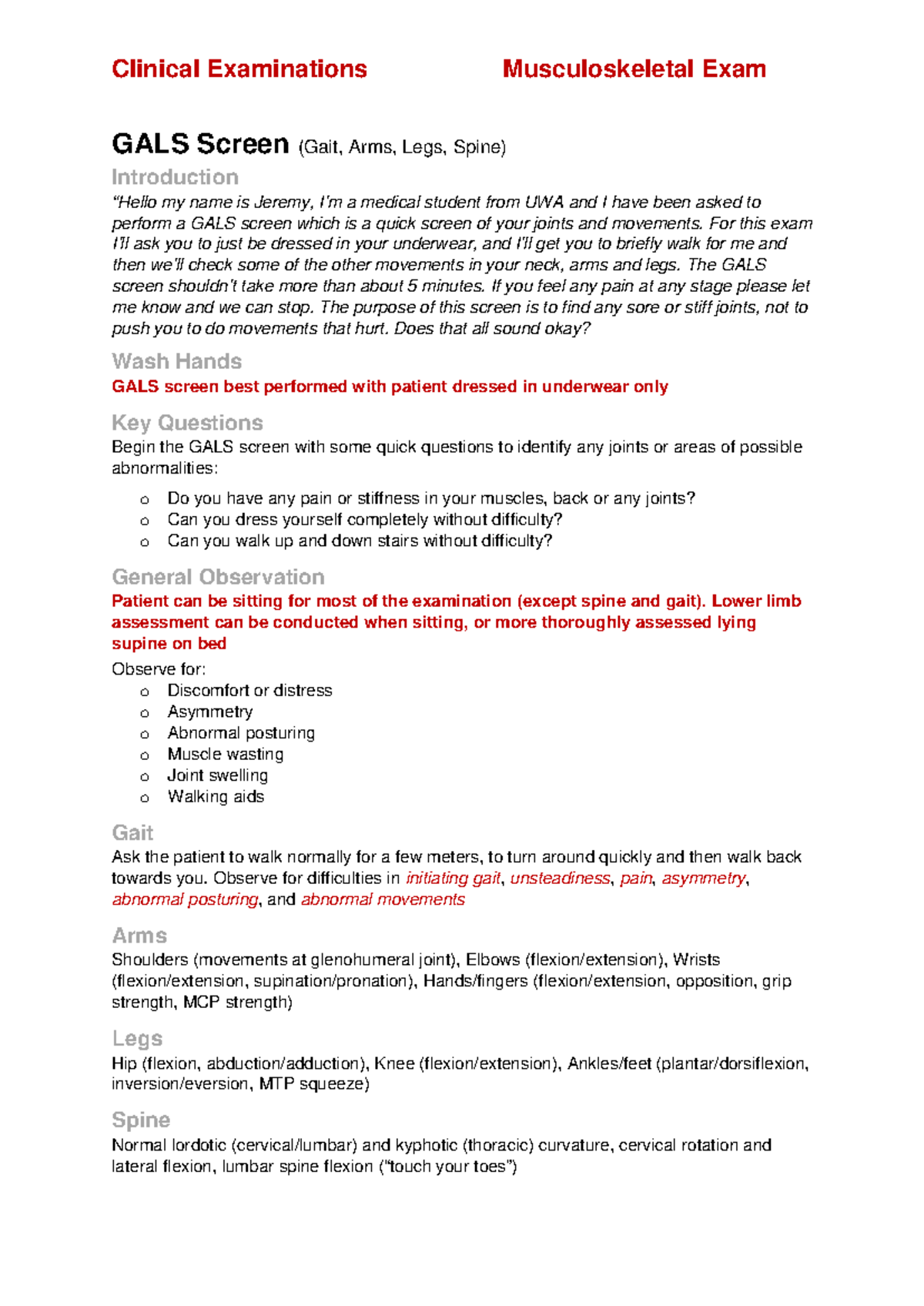 Rheumatology - GALS Screen - Clinical Examinations Musculoskeletal Exam ...