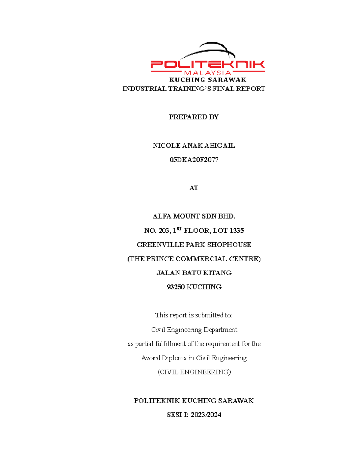 Final Report on Internship Experience - Diploma in Civil Eng. 05DKA20F ...