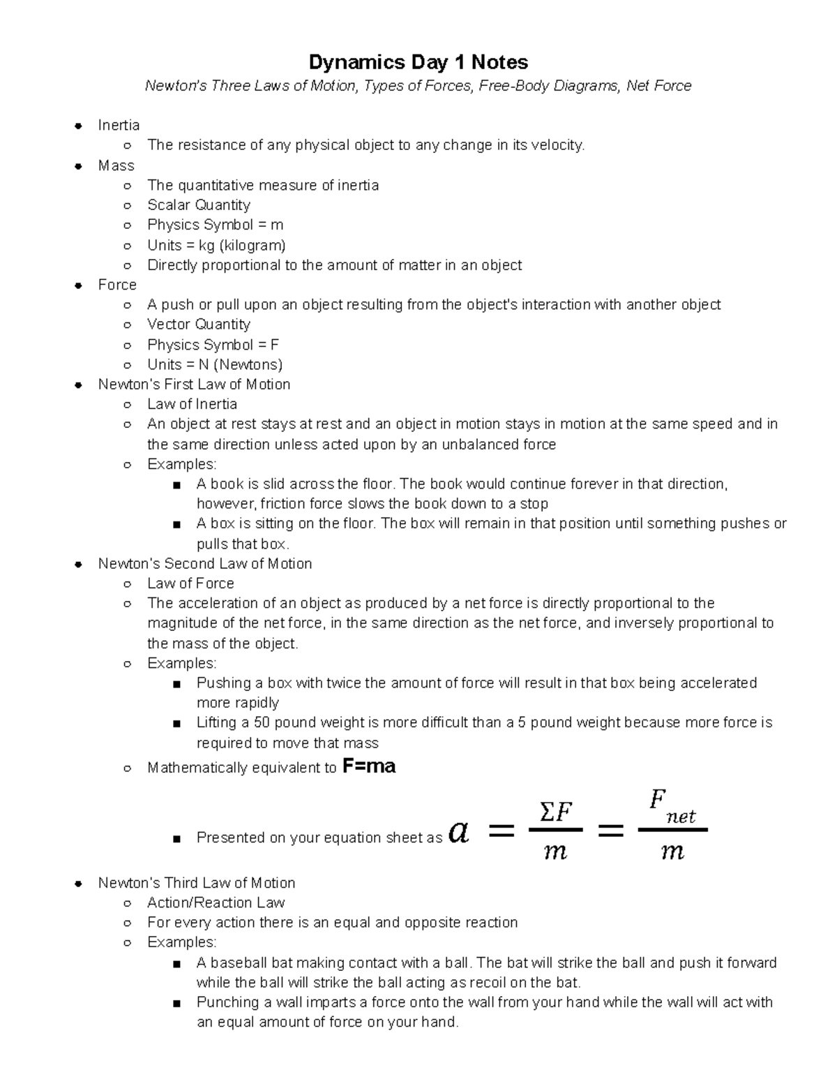 Dynamics Day 1 - AP Physics: Newton's Laws & Forces Notes - Studocu