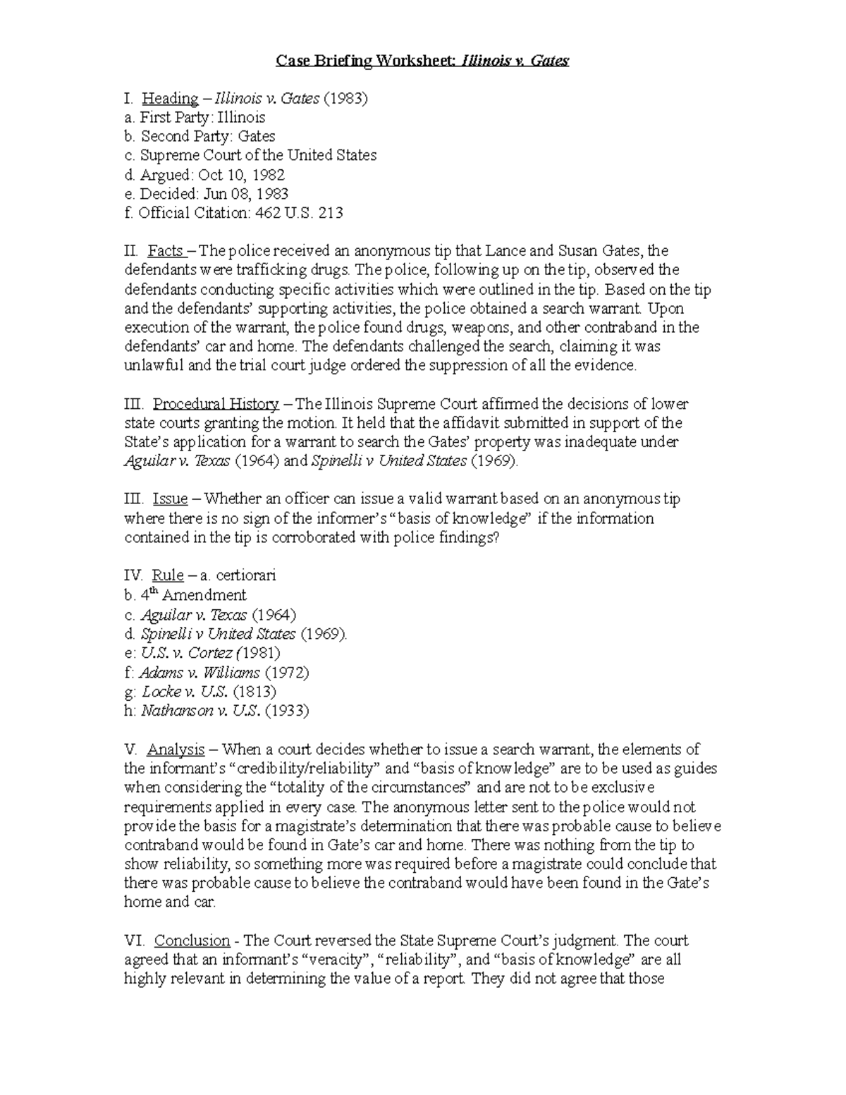 Case Brief Analysis: Illinois v. Gates (1983) - Supreme Court Ruling ...