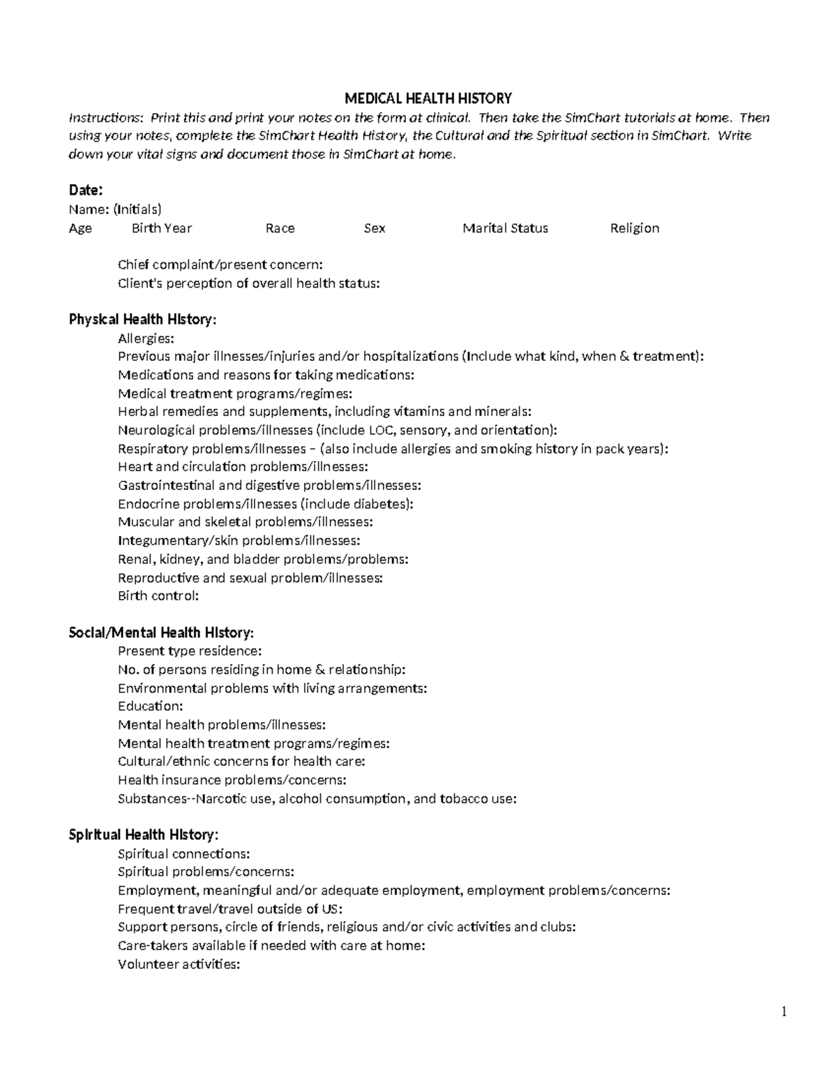 Health History Form - MEDICAL HEALTH HISTORY Instructions: Print this ...