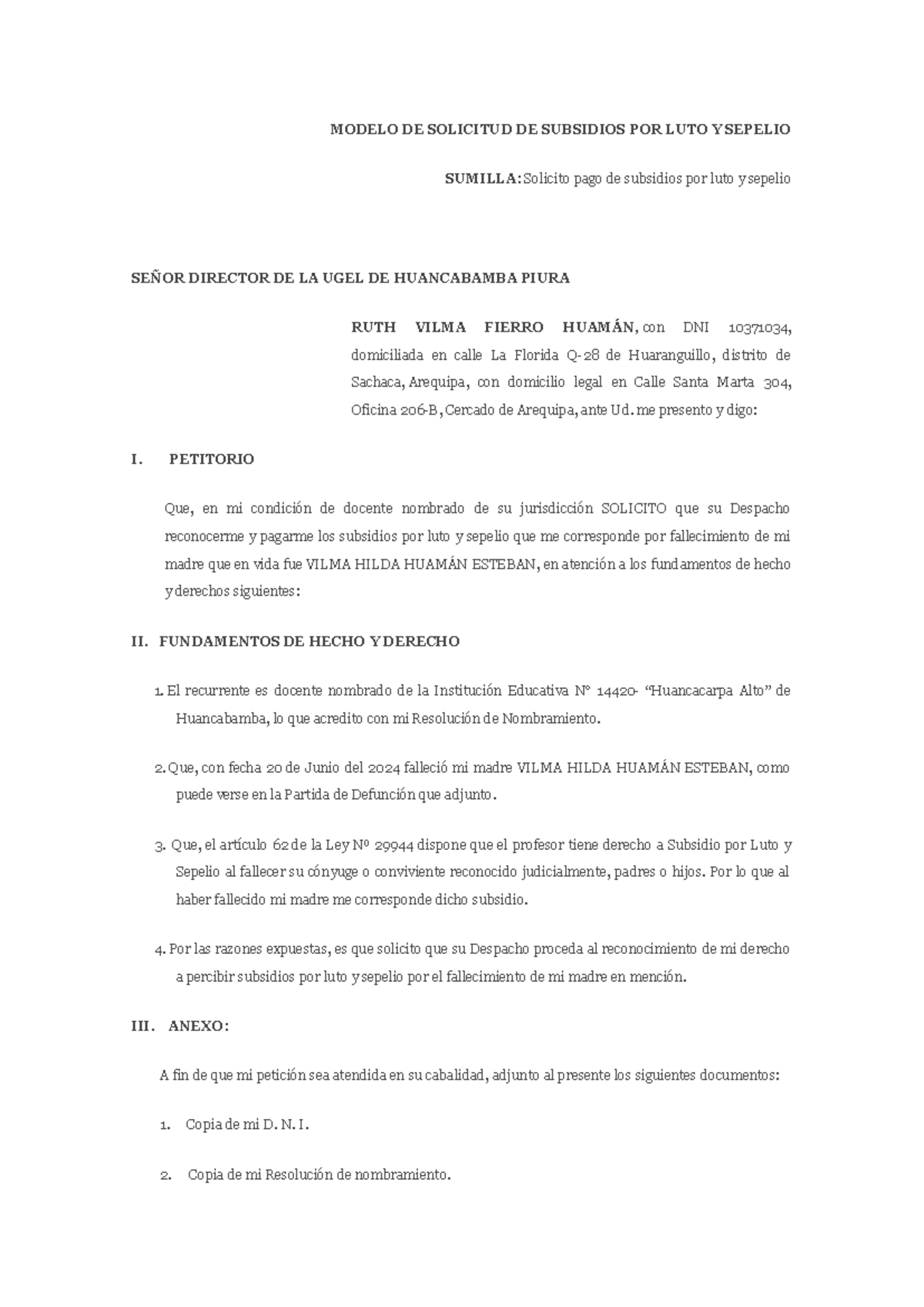 Modelo de Solicitud de Subsidios por Luto y Sepelio - 2024 - Studocu