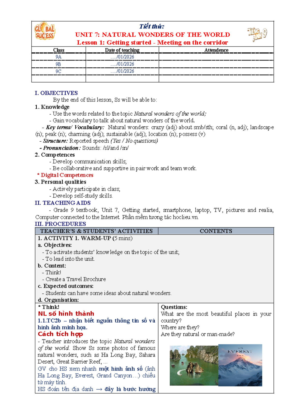 Class 9A 9B 9C UNIT 7: NATURAL WONDERS OF THE WORLD Lesson Plans and ...