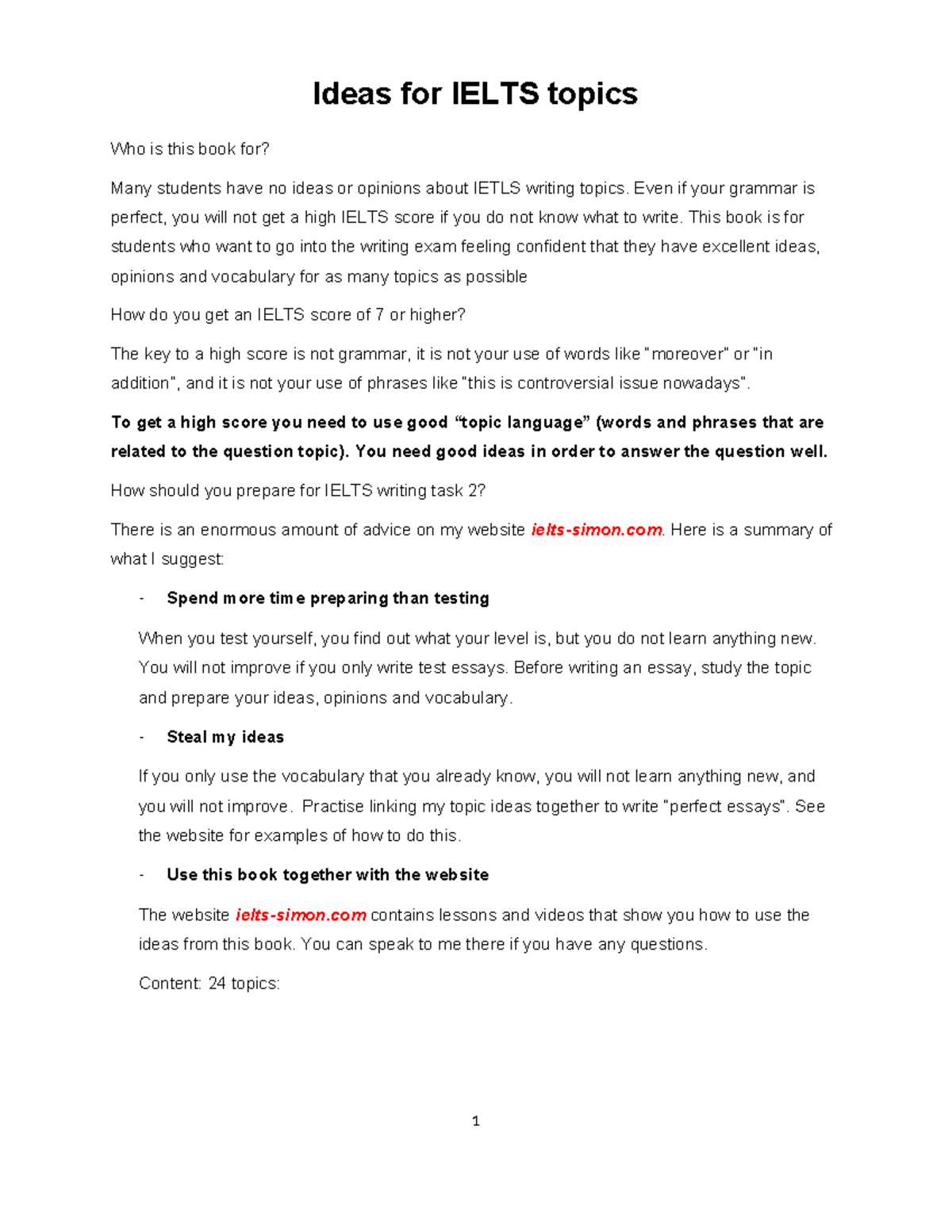 Simon Ideas for IELTS topics: A guide to writing success - Studocu