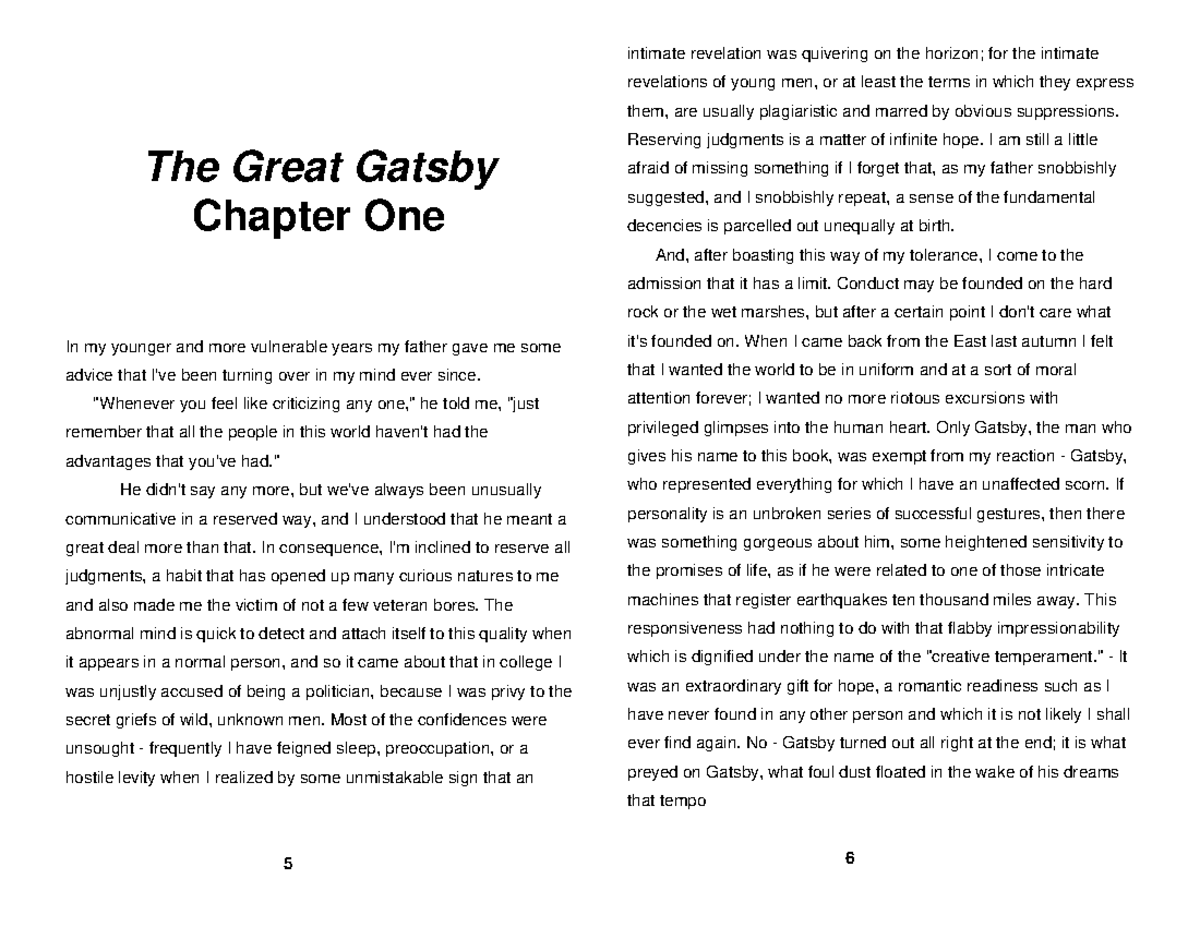 The Great Gatsby (ENG 101) Chapter One Analysis and Summary - Studocu