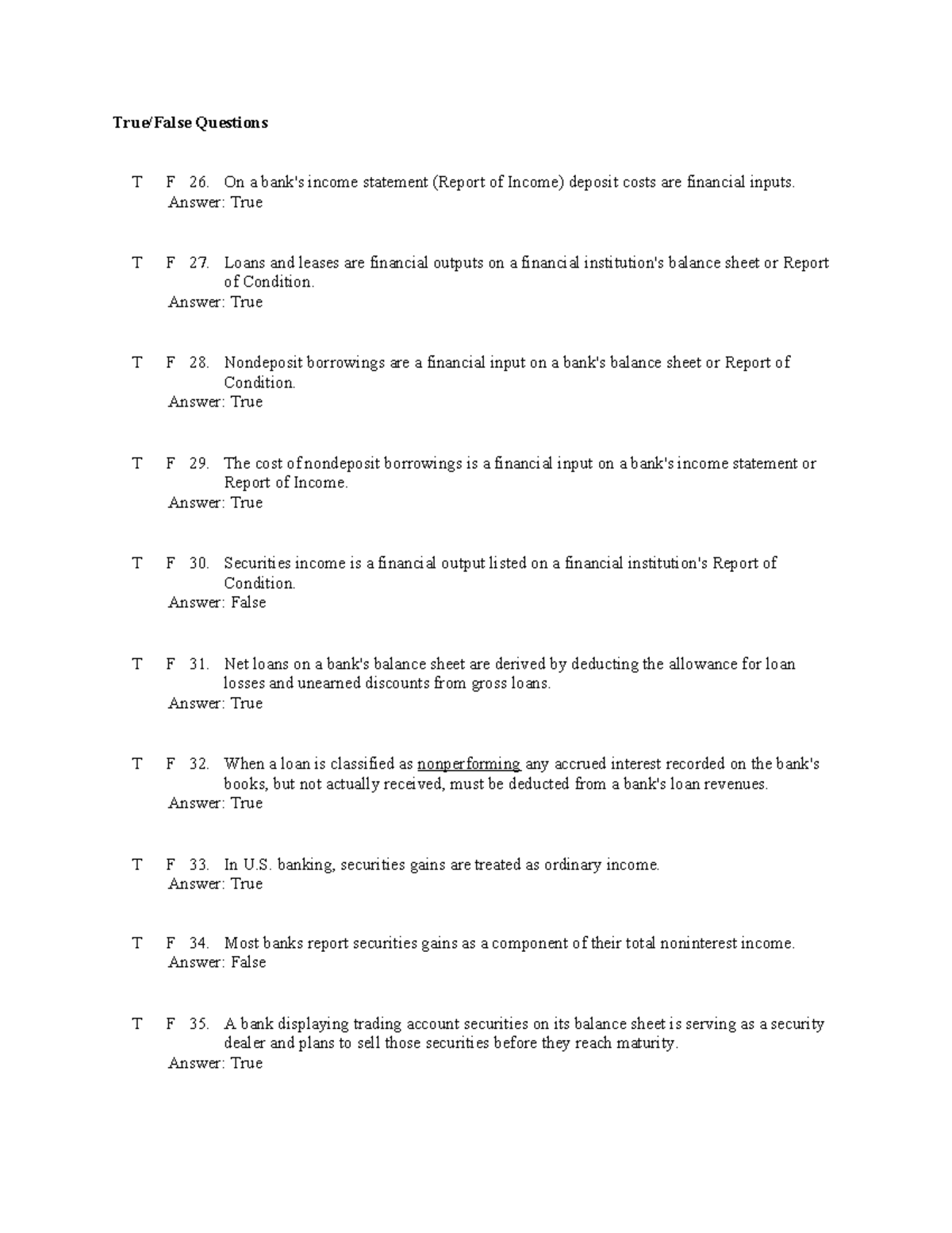 TF Questions and Answers for CHAP 5 - Financial Statements Analysis ...