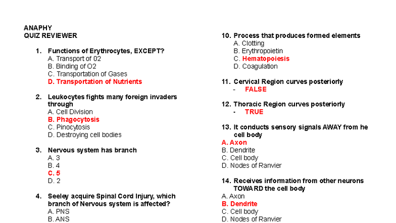 ANAPHY QUIZ REVIEWER: Key Concepts in Erythrocytes & Leukocytes - Studocu