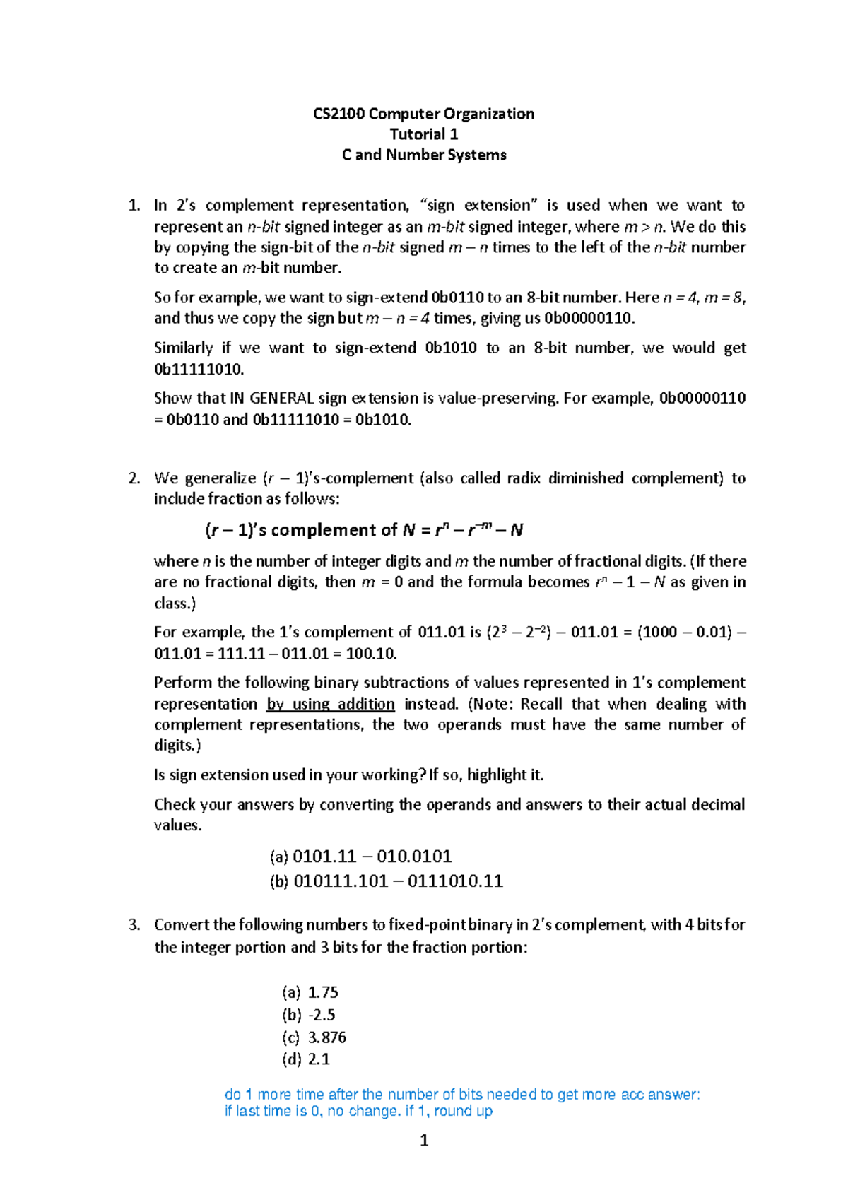 Cs2100tut1 - Tutorial 1 for CS2100 - 1 CS2100 Computer Organization ...