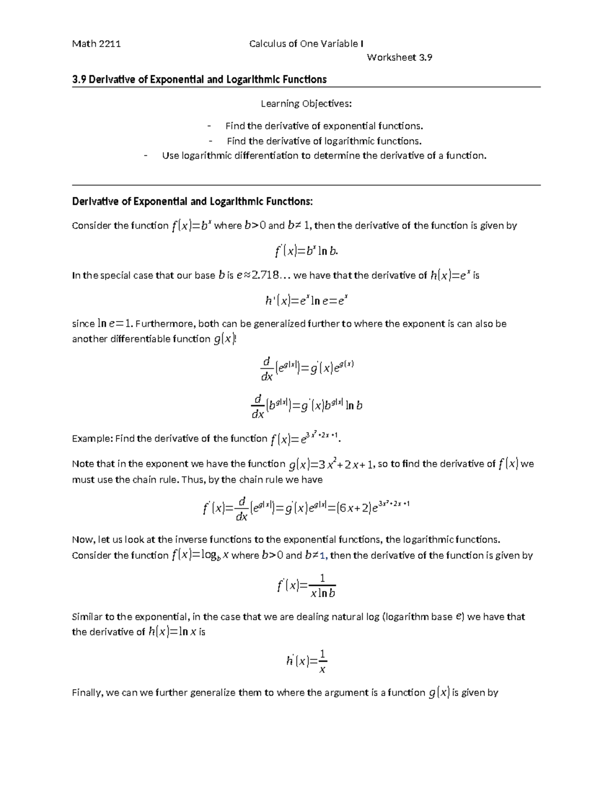 Section 3.9 Derivatives of Exponential and Logarithmic Functions ...