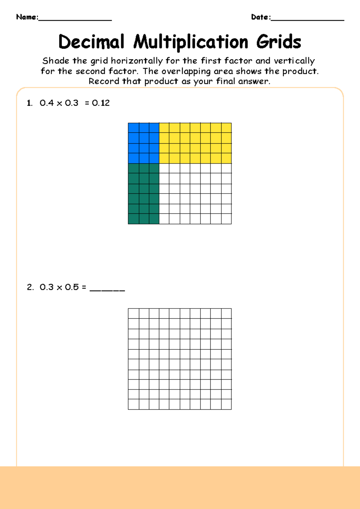 Decimal Multiplication Grids - 5th Grade Worksheet - Name:1. for the ...