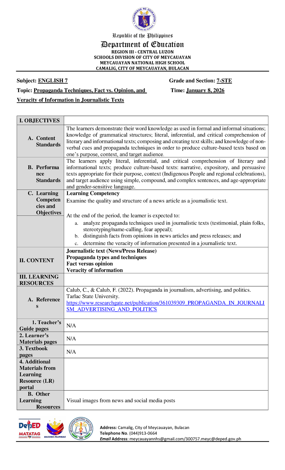DLP Template: Propaganda Techniques & Veracity in Journalism (ENG 7 ...
