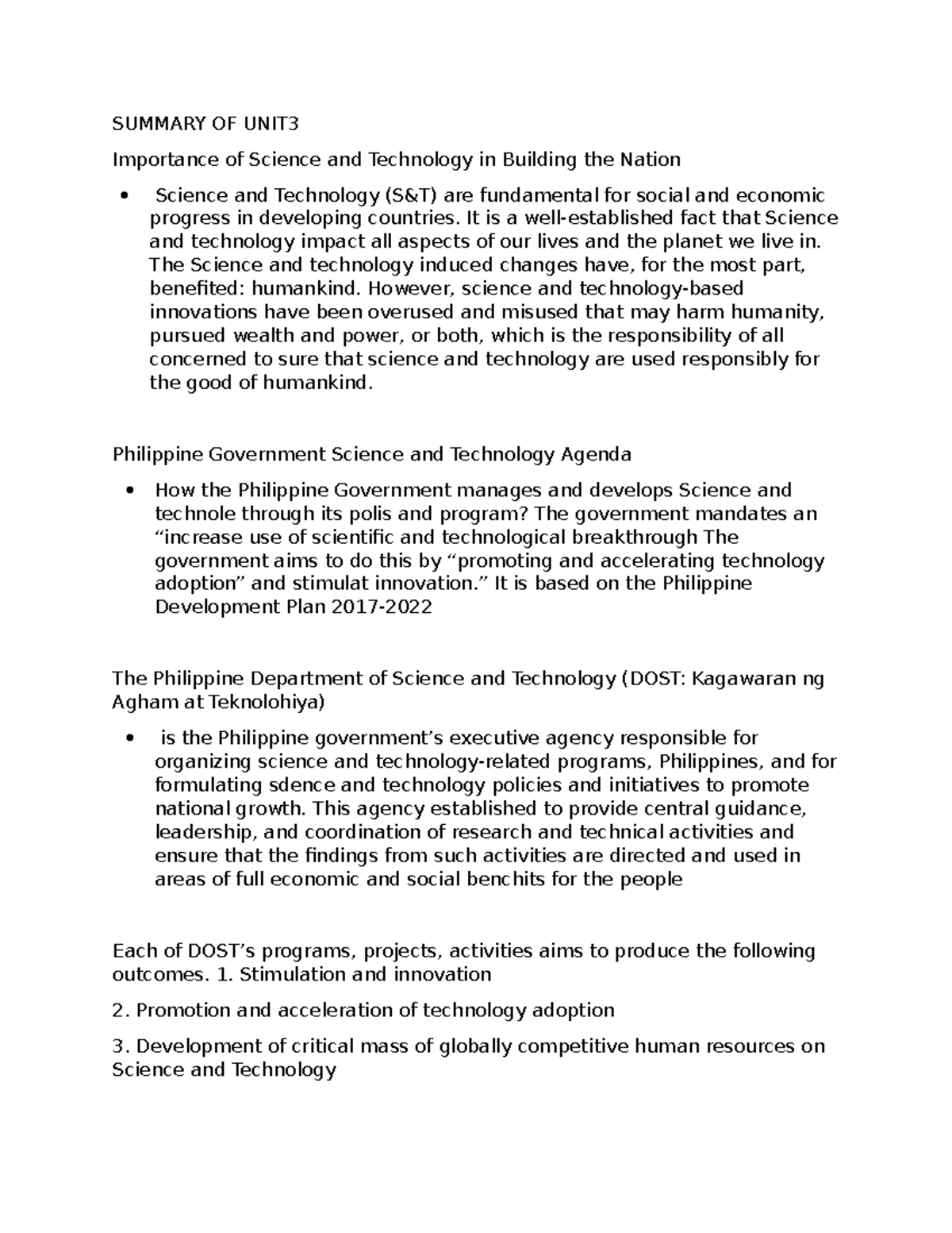 Lecturesunit 3 - Summary - SUMMARY OF UNIT Importance of Science and ...