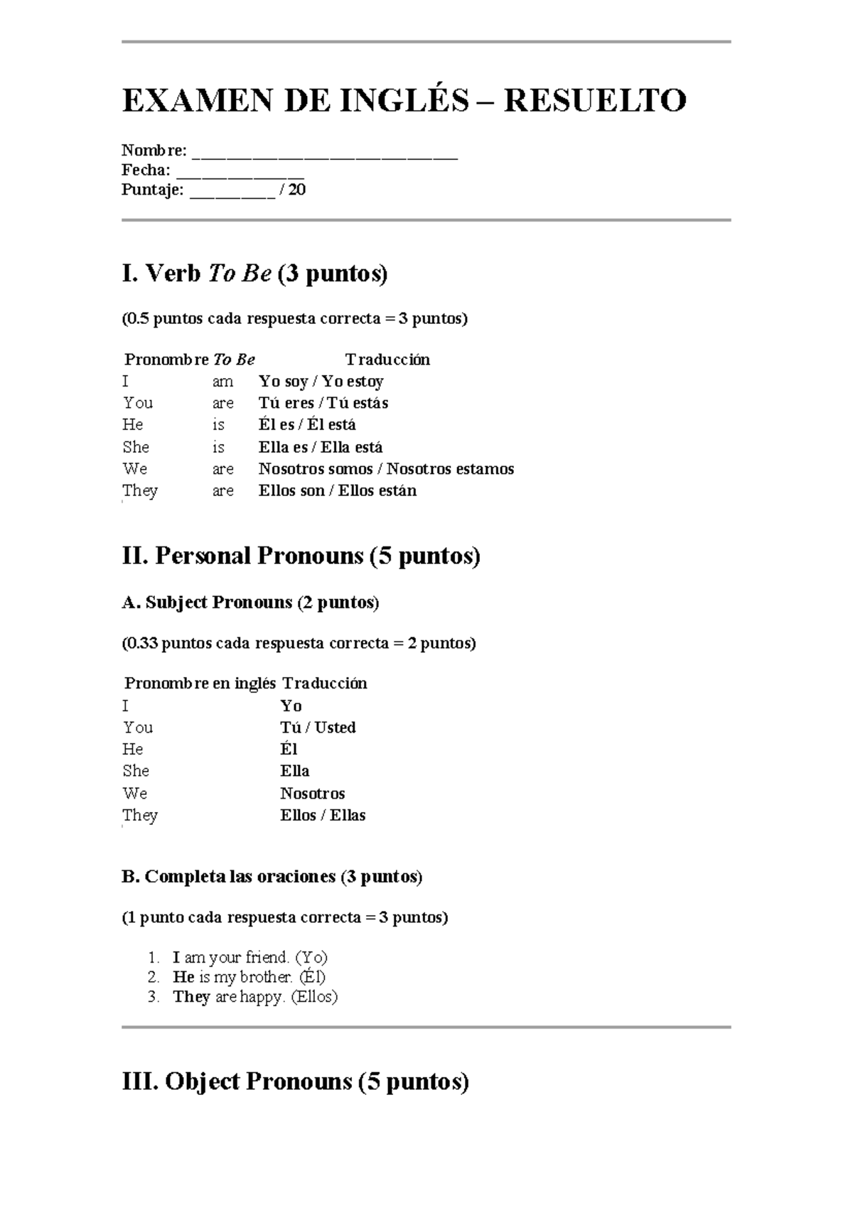EXAMEN DE INGLÉS RESUELTO - PRONOMBRES Y VERBO TO BE - Studocu