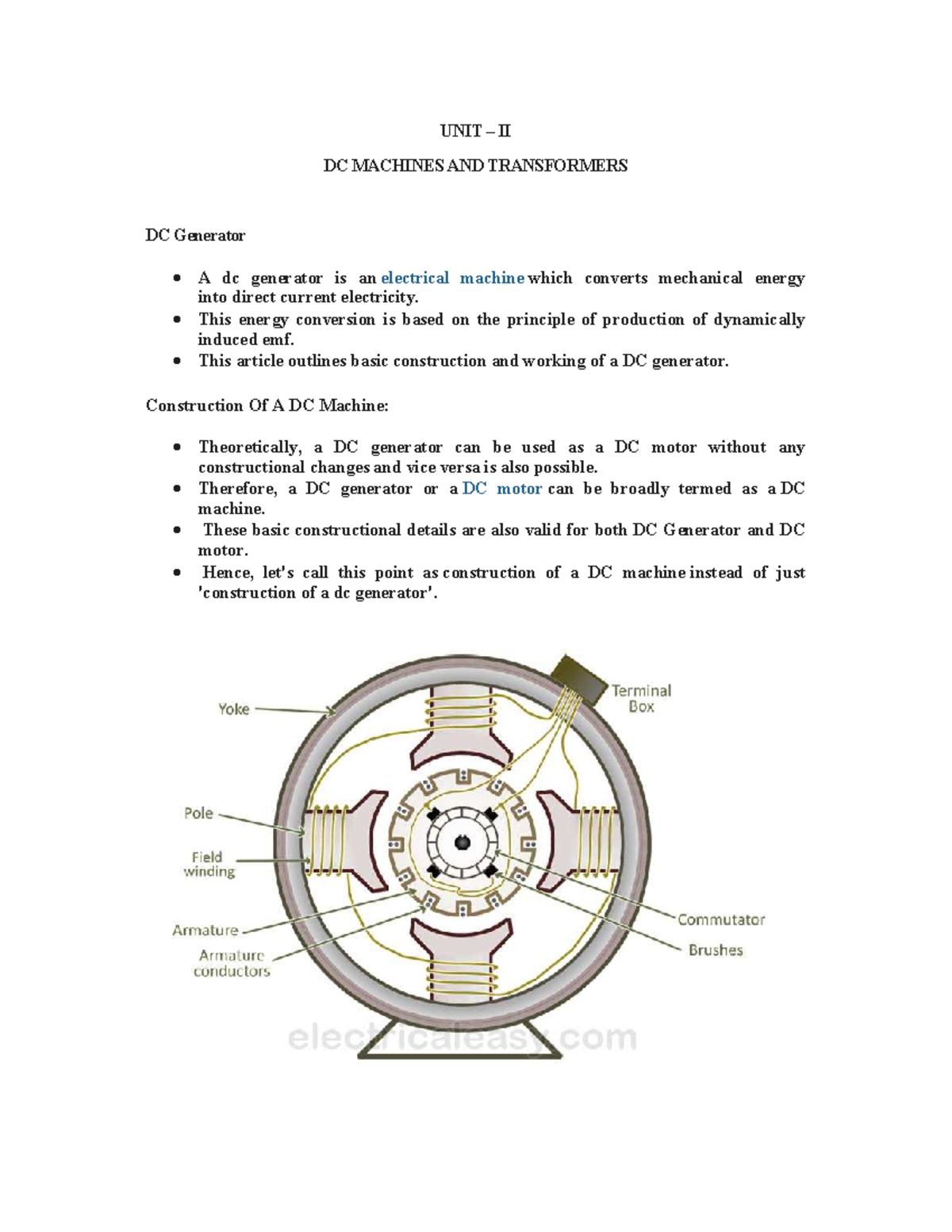 BEEE UNIT II Final Exam Notes: DC Machines & Transformers - Studocu
